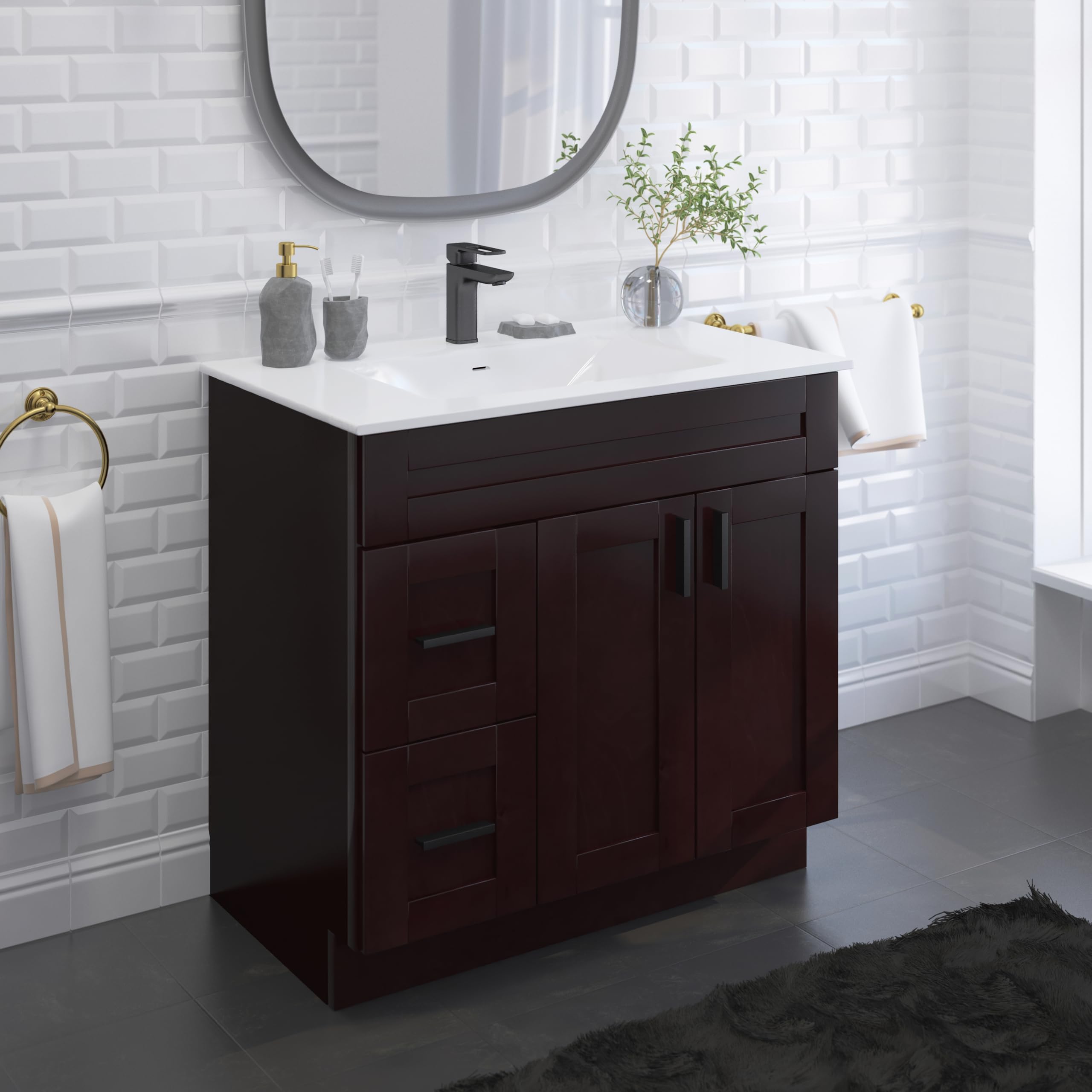 MISSING SINK Espresso Shaker Sink Base Bathroom Vanity with Drawers 36 ...