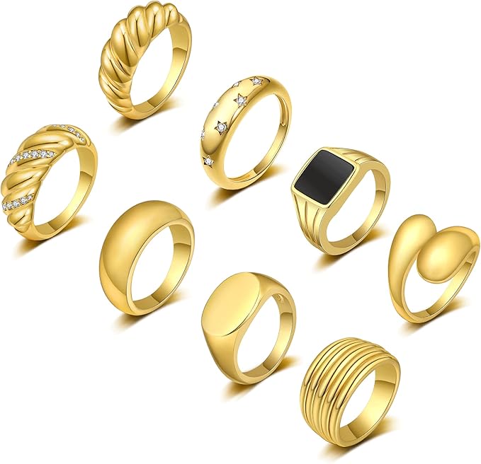 WFYOU 8PCS 18K Gold Plated Chunky Rings for Women Girls Thick Dome ...