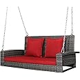 Amazon.com: Tangkula 2 Person Wicker Hanging Porch Swing, Patiojoy Outdoor Rattan Swing with ...