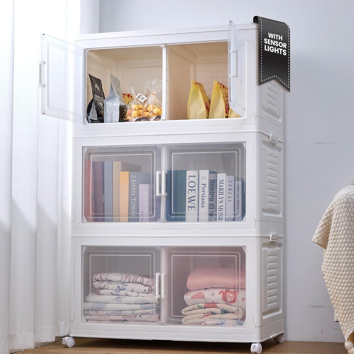 141Gal Large Stackable Storage Bins with Lids and Doors, Motion Sensor Lights, 568QT Plastic ...