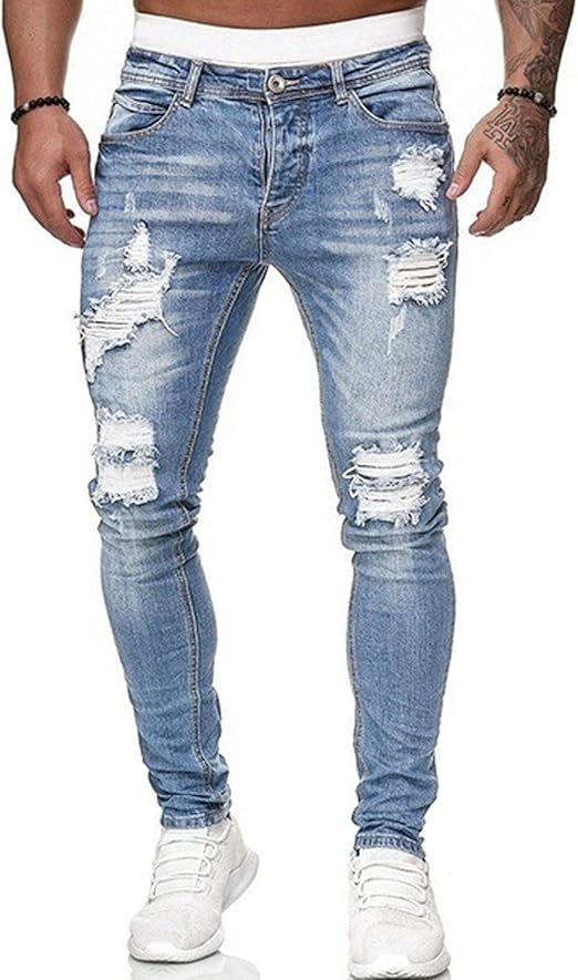 Pantalones vaqueros ajustados elásticos rasgados para hombre ...