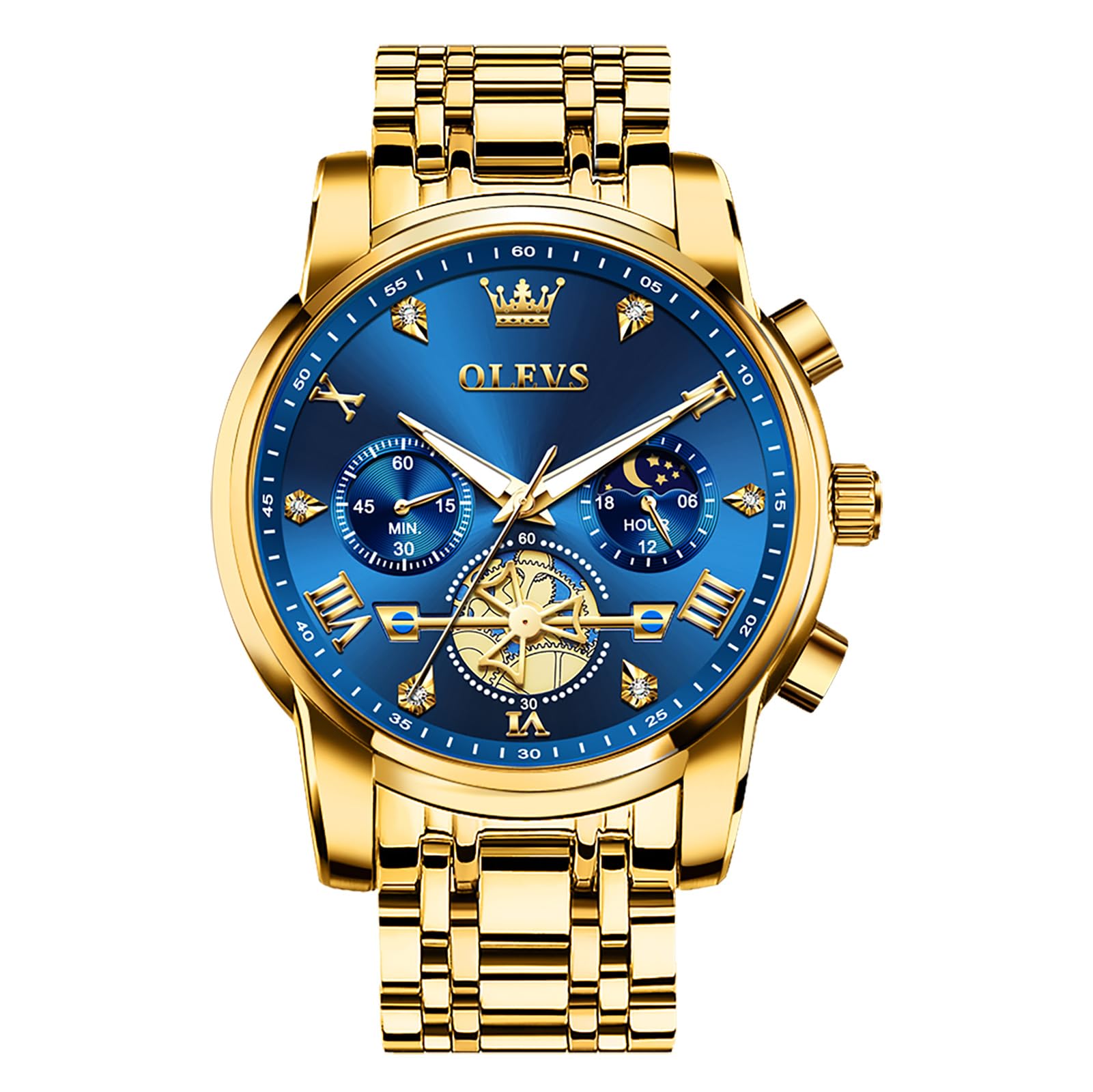 OLEVS Gold Chronograph Watch for Men Blue Face Roman Numerals Diamond ...