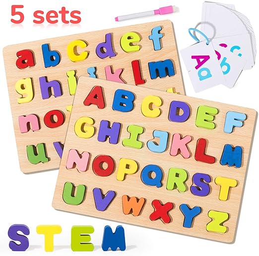 Amazon.com: Joyjoz Wooden Alphabet Puzzle Board,5 Set ABC Puzzle Block ...