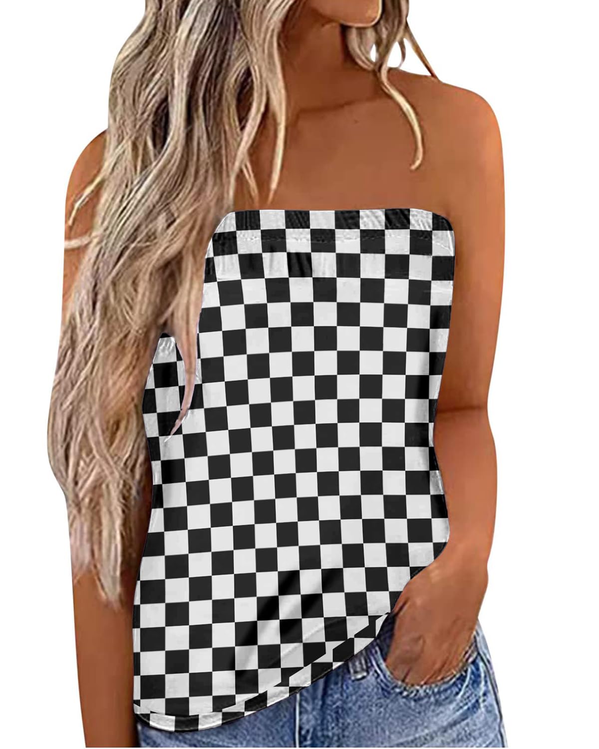 IWOLLENCE Women's Plaid Tube Tops Casual Summer Backless Strapless Top ...