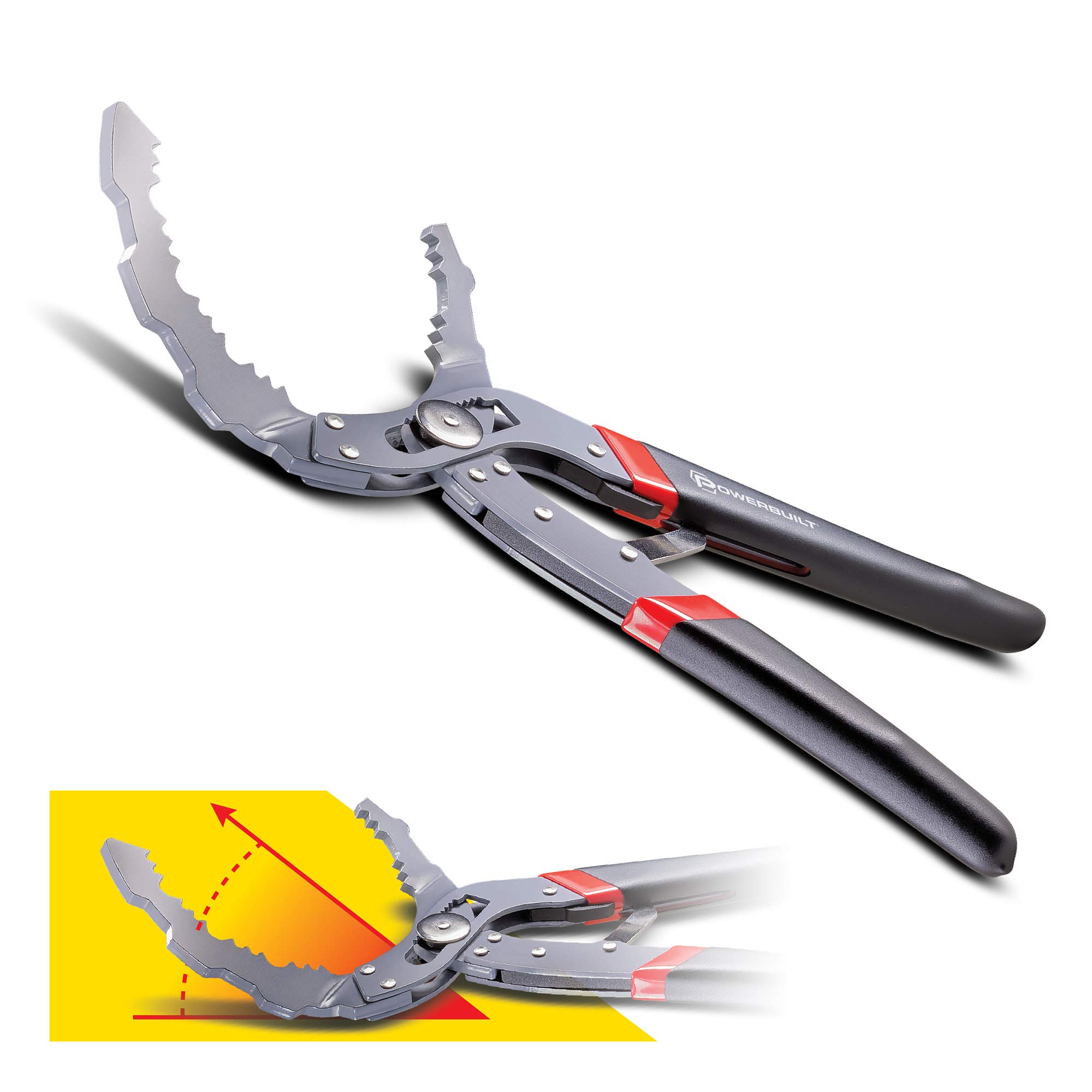 Powerbuilt Self-Adjust Oil Filter Pliers 30 Degree Angle Jaws, 2-1/4 to ...