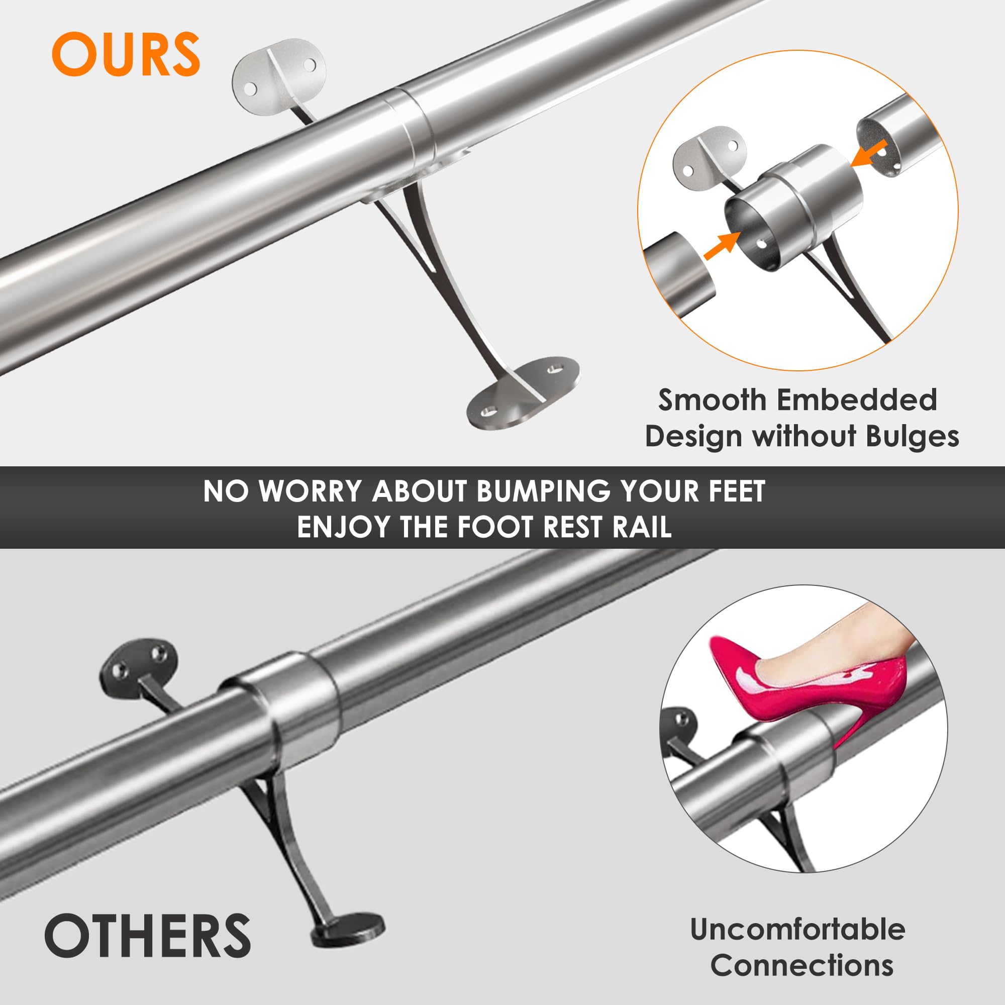SHANTRA 8ft Bar Foot Rail Kit, 304 Stainless Steel Tube With Polished ...
