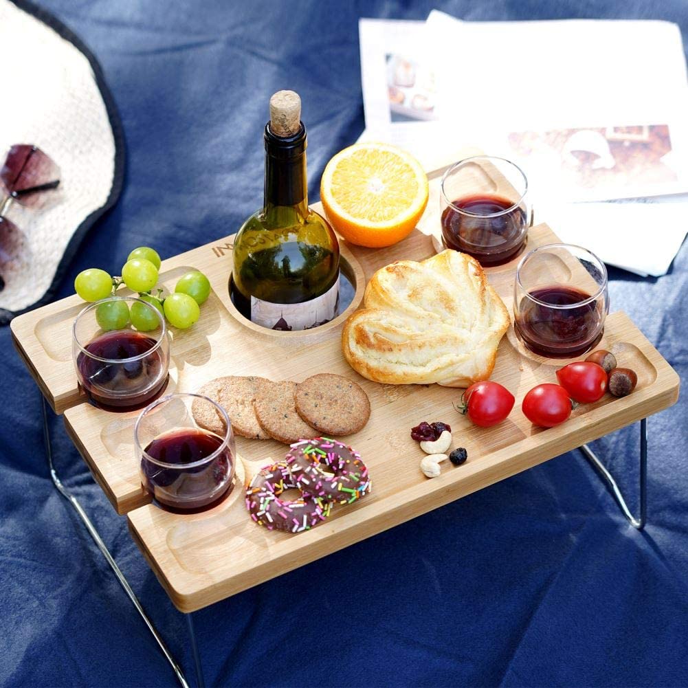 INNO STAGE Portable Picnic Table with Wine Glass and Bottle Holder, Folding Bamboo Snacks Tray ...