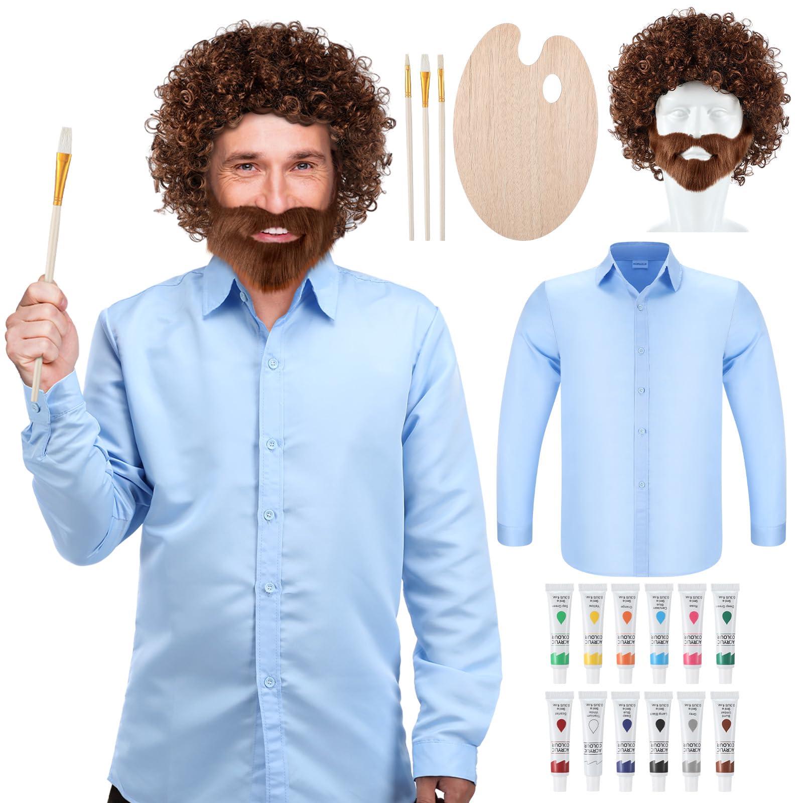 Leumoi 19 Pcs 80s Painter Costume Set Men Brown Afro Wig Beard and ...