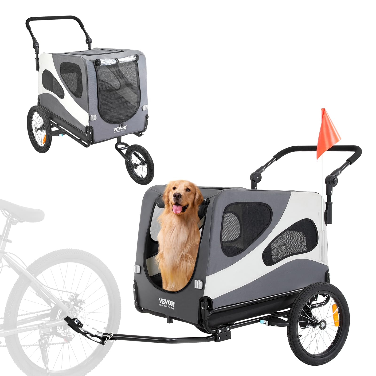 VEVOR Dog Bike Trailer, Supports up to 100 lbs, 2-in-1 Pet Stroller Cart Bicycle Carrier, Easy ...