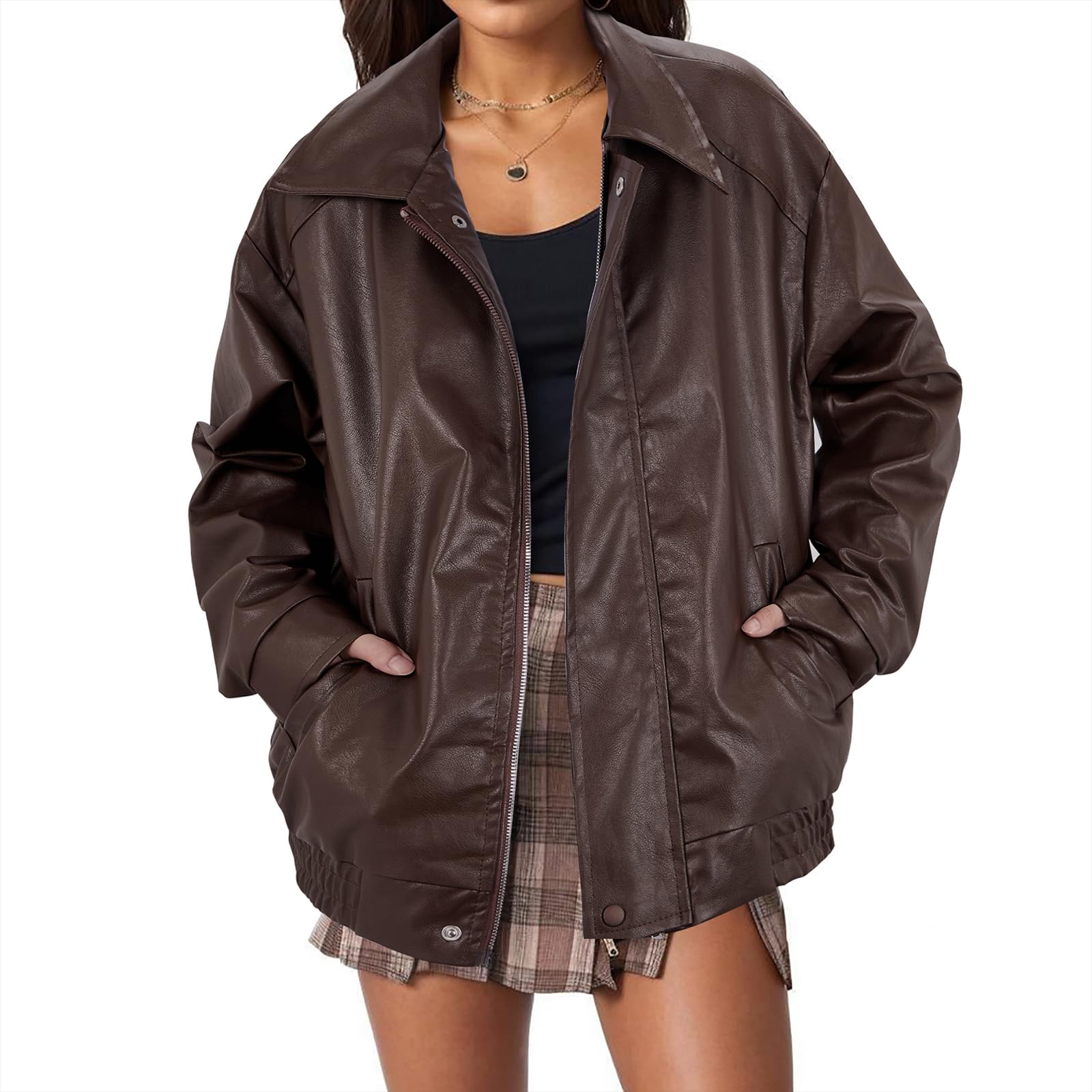Womens Faux Leather Jacket Brown Bomber Vintage Pleather Jacket Oversized Leather Blazer ...