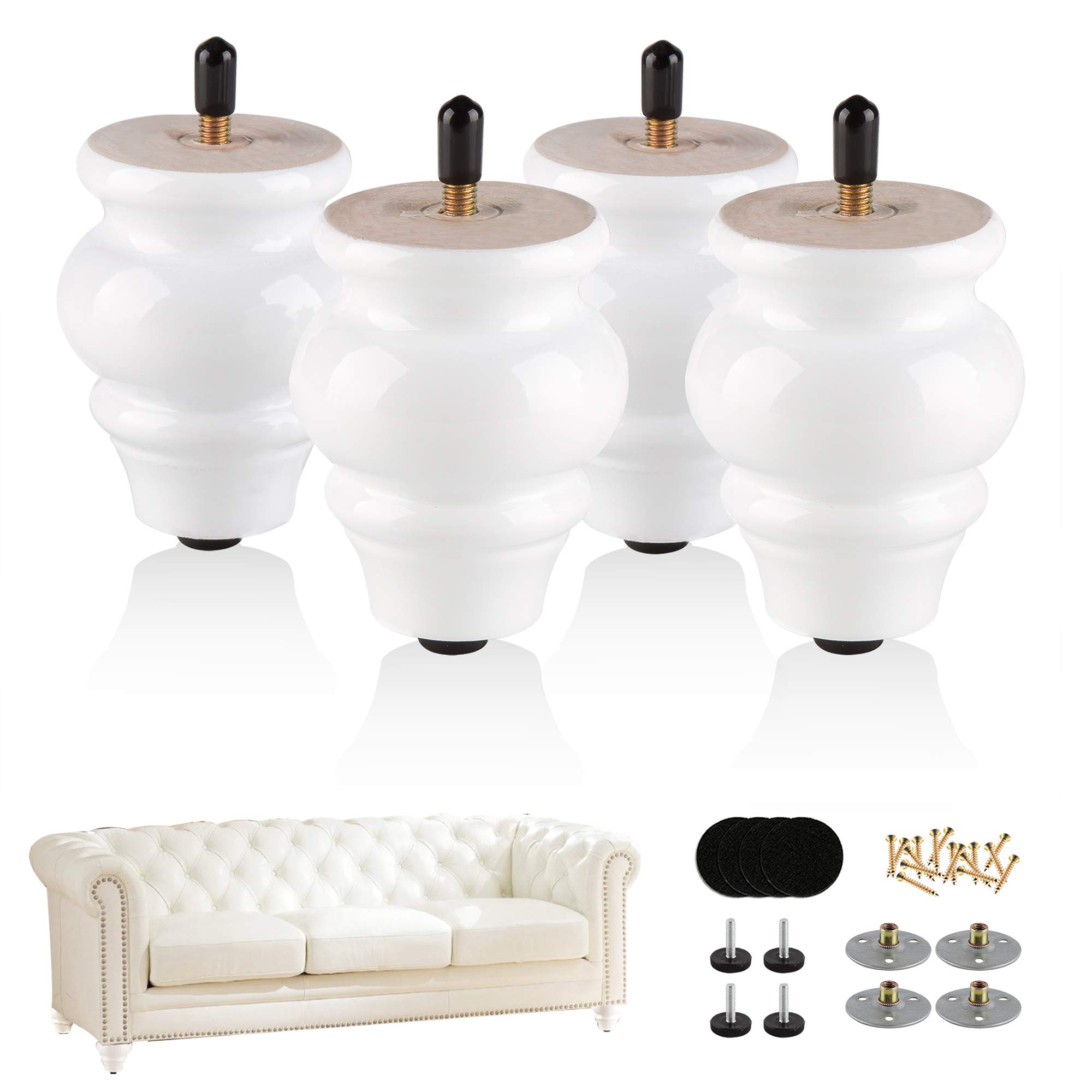 Buy Shiny White Round Wood Furniture Legs 3.5 Inch, Gourd Shape Wood ...