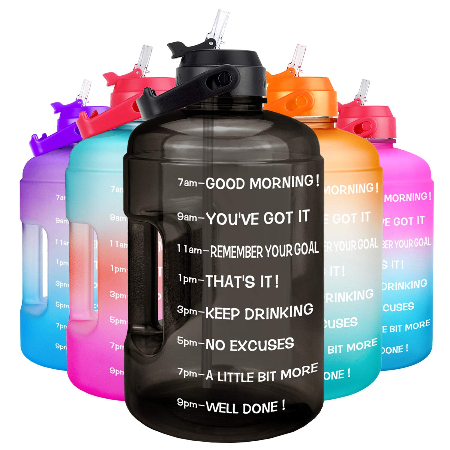 QuiFit 1 Gallon Water Bottle - with Straw & Motivational Time Marker Leak-Proof BPA Free ...