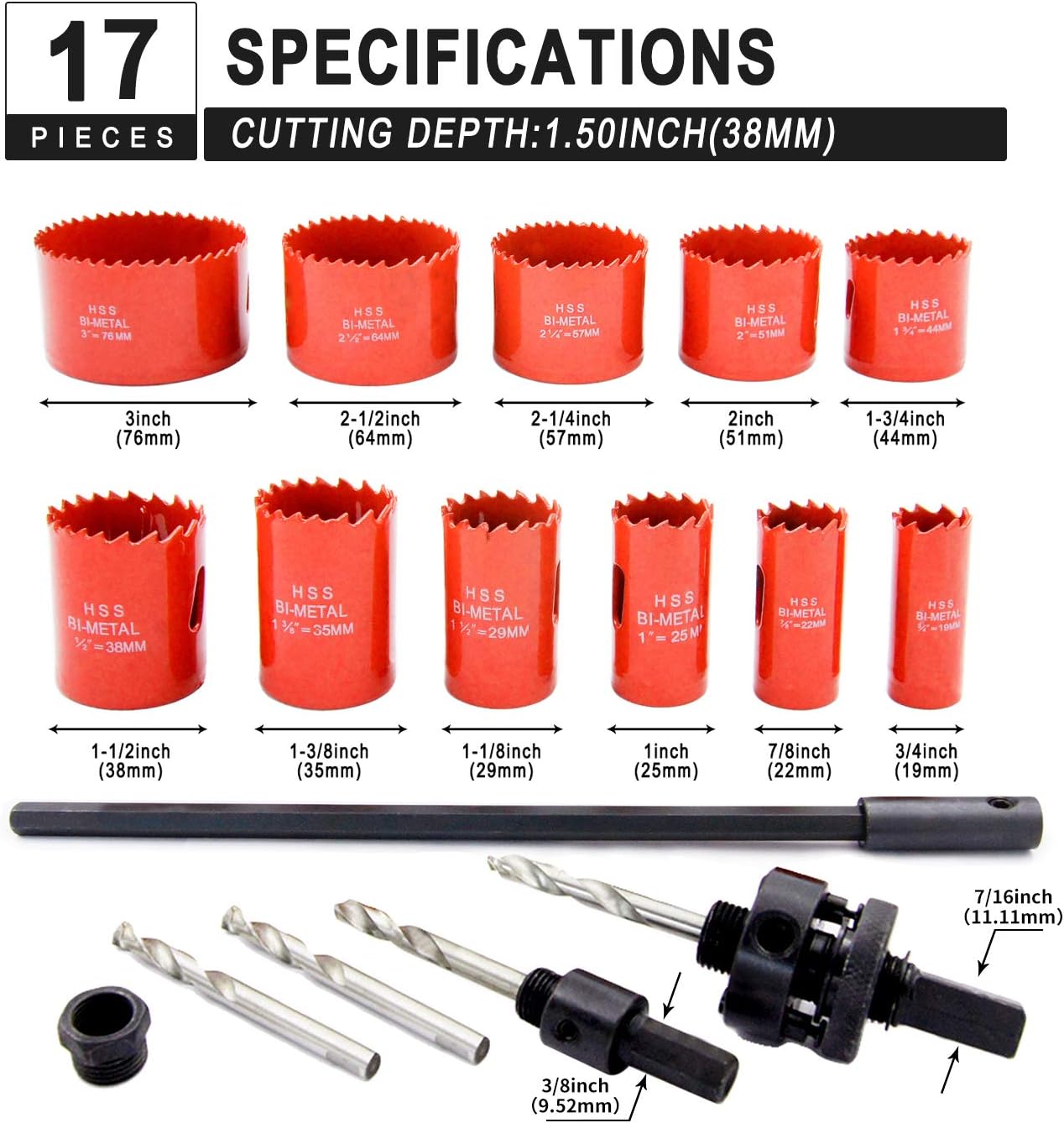 Bi-Metal Hole Saw Kit,17Piece High Performance Hole Saw Set with Arbors ...
