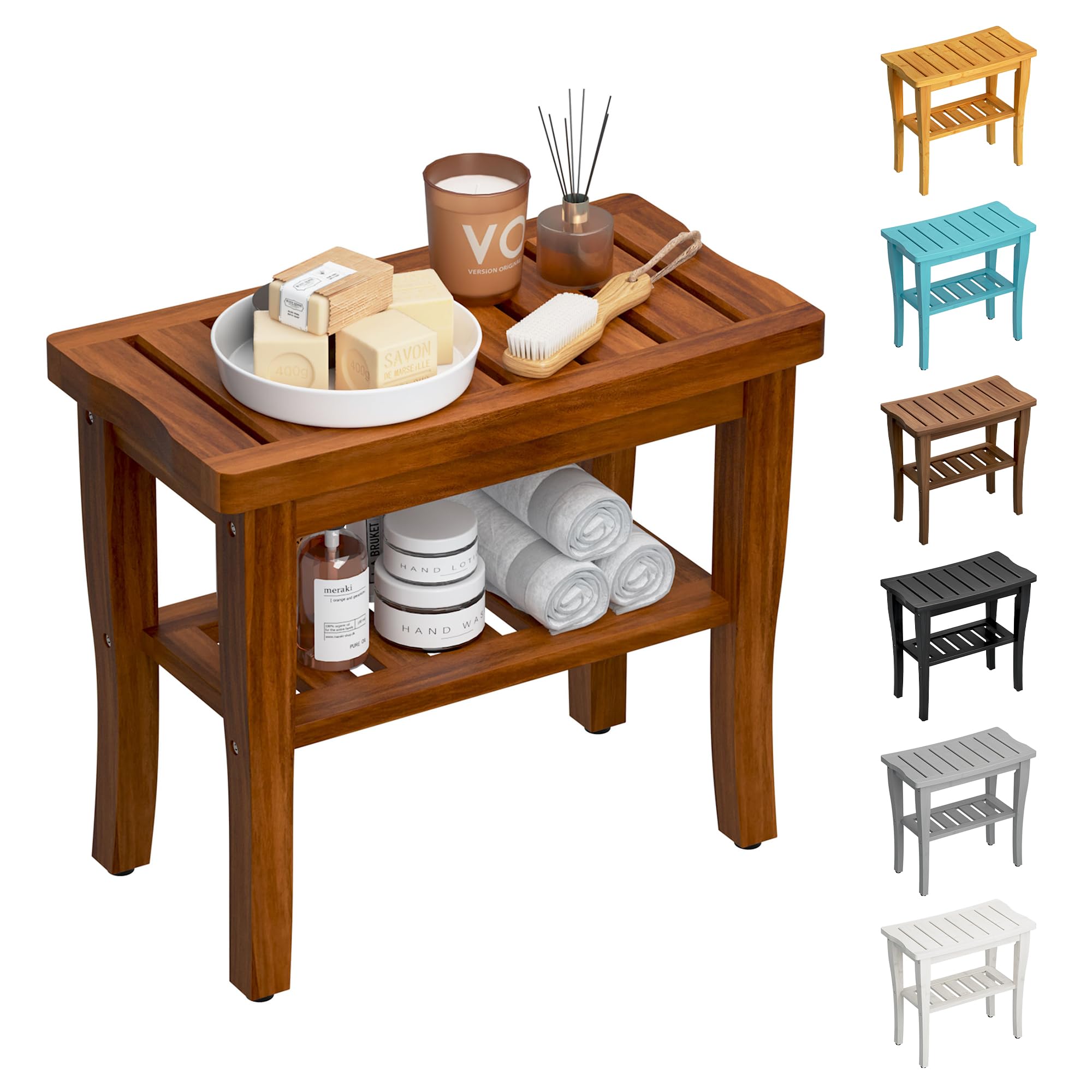 Teak Shower Bench Stool with Storage Shelf, Waterproof Shower Chair Spa ...