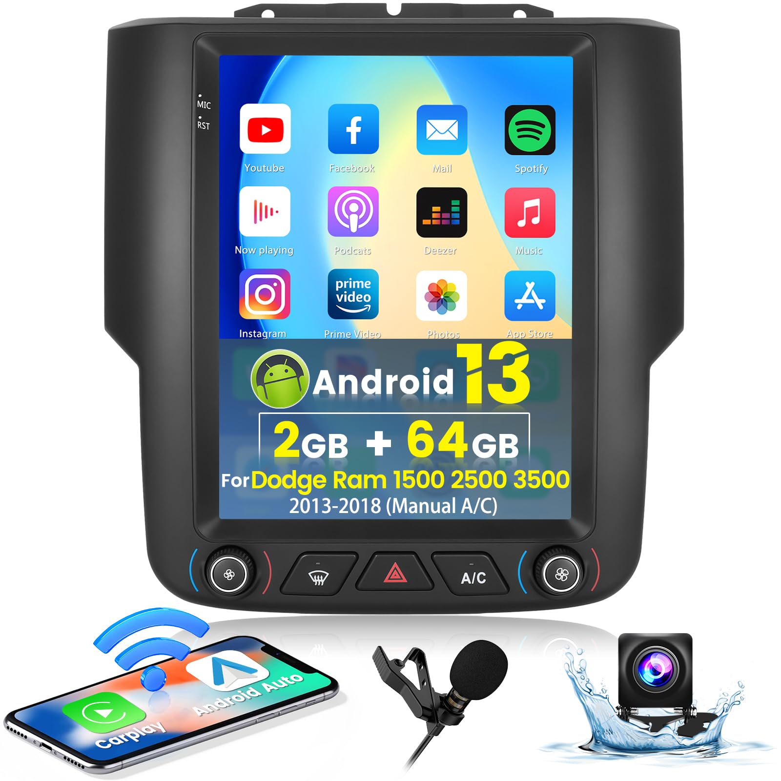 Roinvou [2G+64G] Car Radio for Dodge Ram 1500 2500 3500 2013-2018 ...