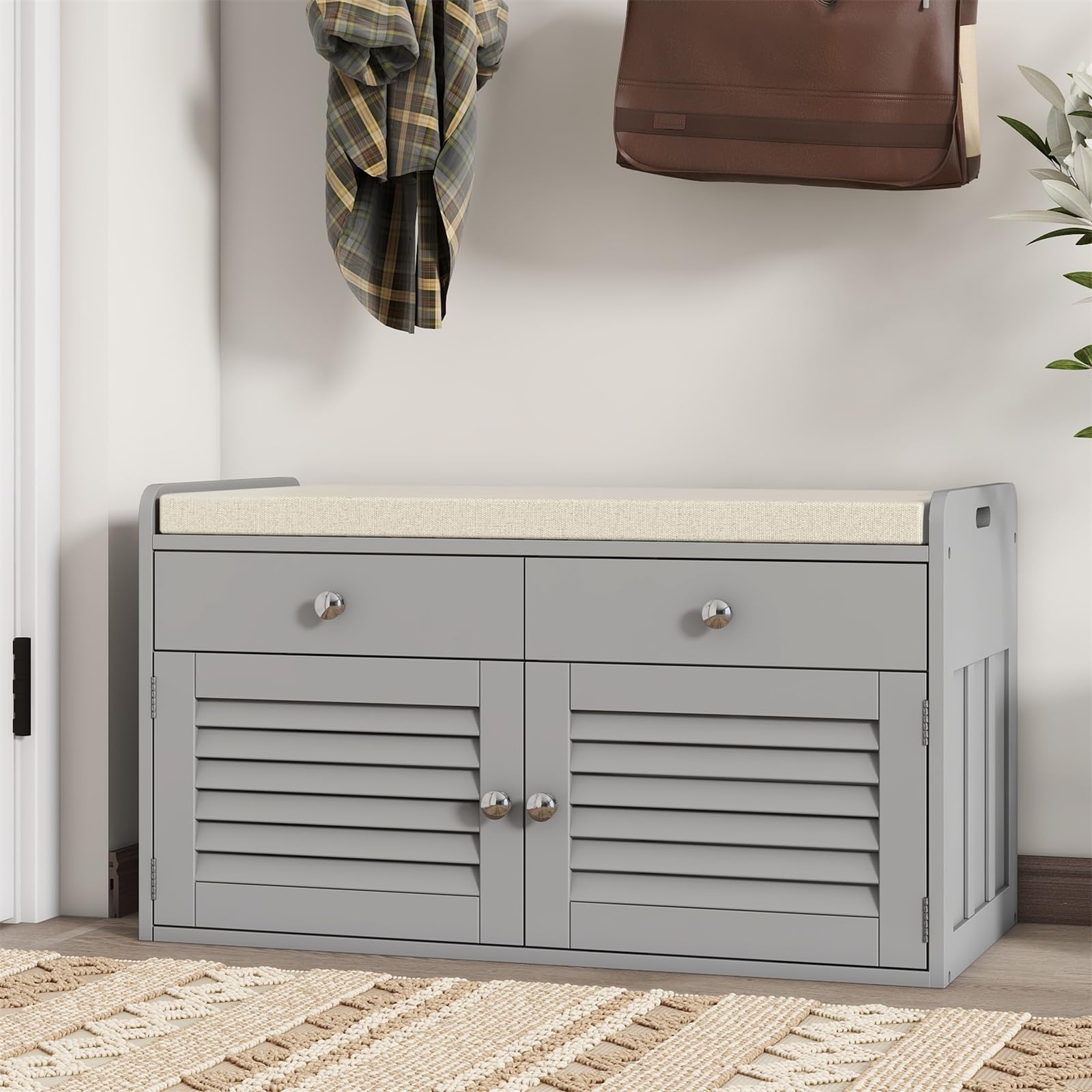 WARMHONIU Shoe Storage Bench with 2 Drawers & 2 Door Cabinet, Entryway ...