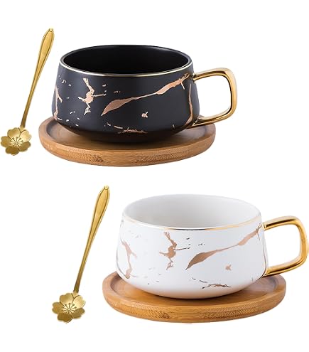 300ml Luxury Matte Ceramic Marble Tea Coffee Cups And With Wood Saucers ...