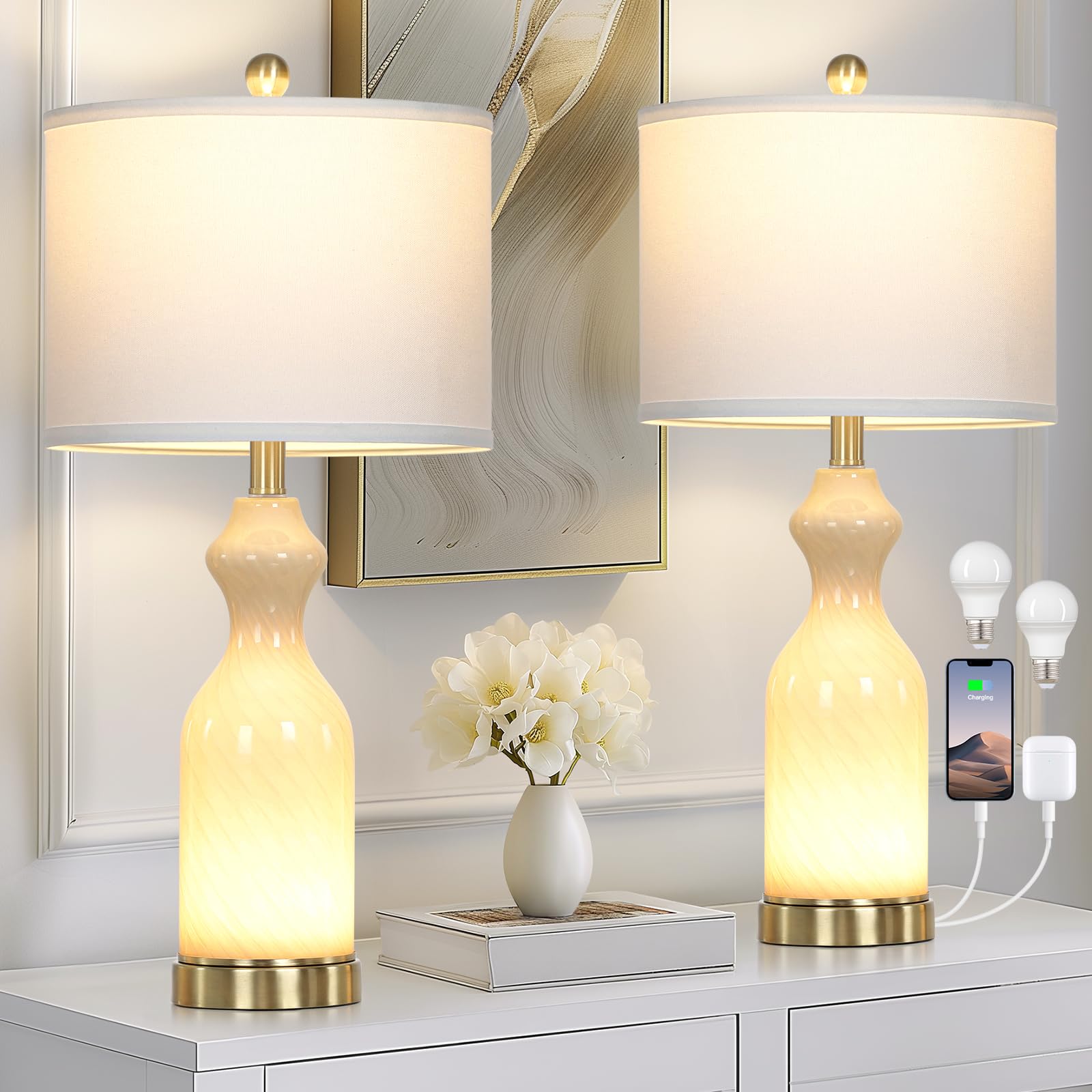 Rinweey 26" Modern White Glass Table Lamp Set of 2, Table Lamp for ...