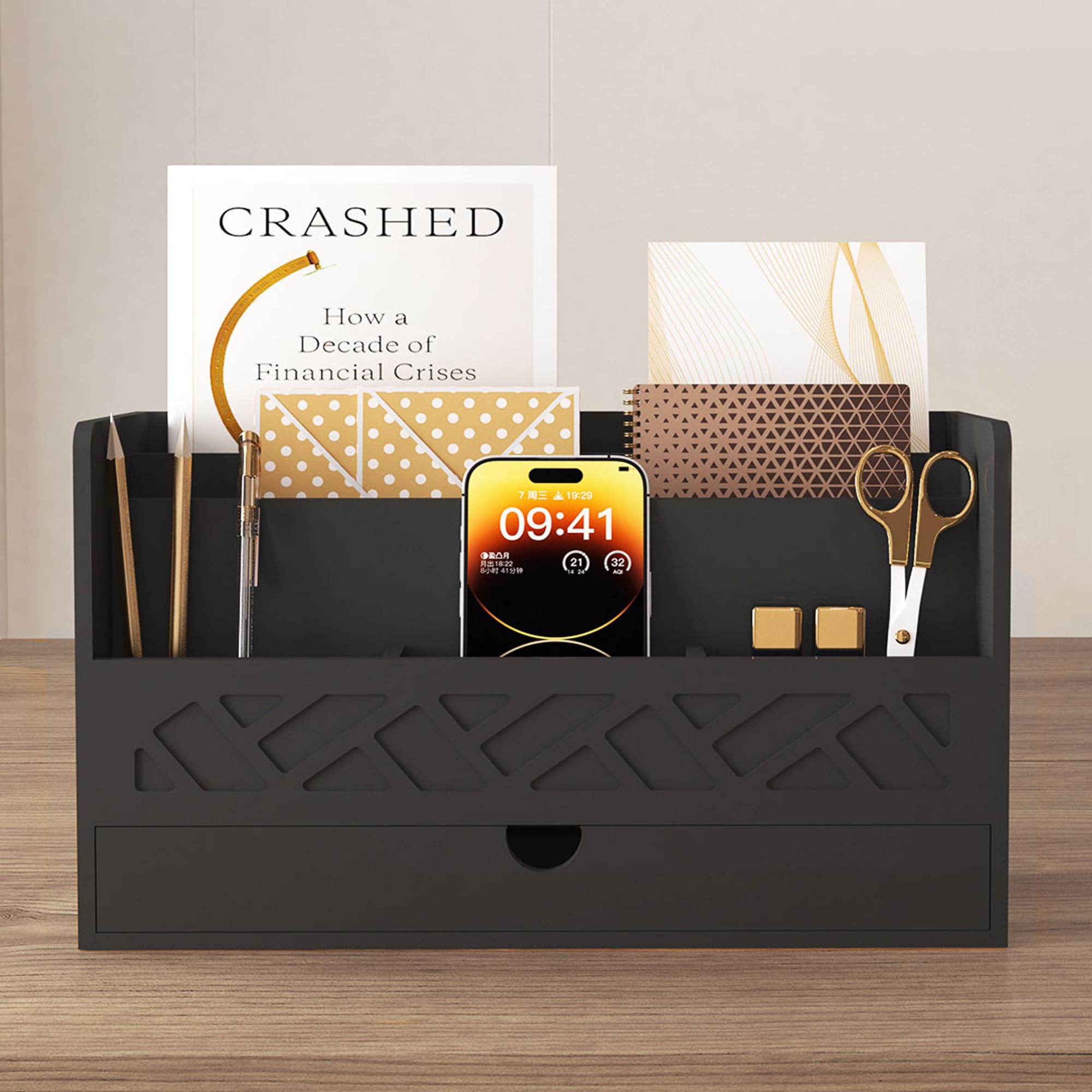 Bamboo Mail Organizer Countertop Desktop with Drawer - Wooden File Bill ...