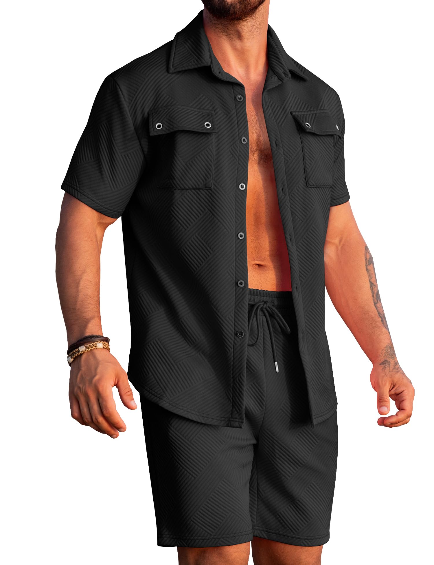 URRU Men's 2 Piece Outfits Summer Short Sets Casual Short Sleeve Button ...