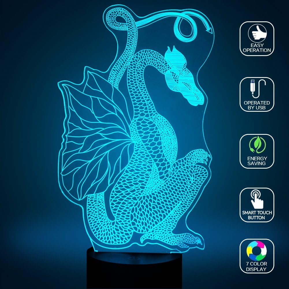 3D Illusion Lamp Dragon LED Night Light, 7 Colours Flashing Touch ...