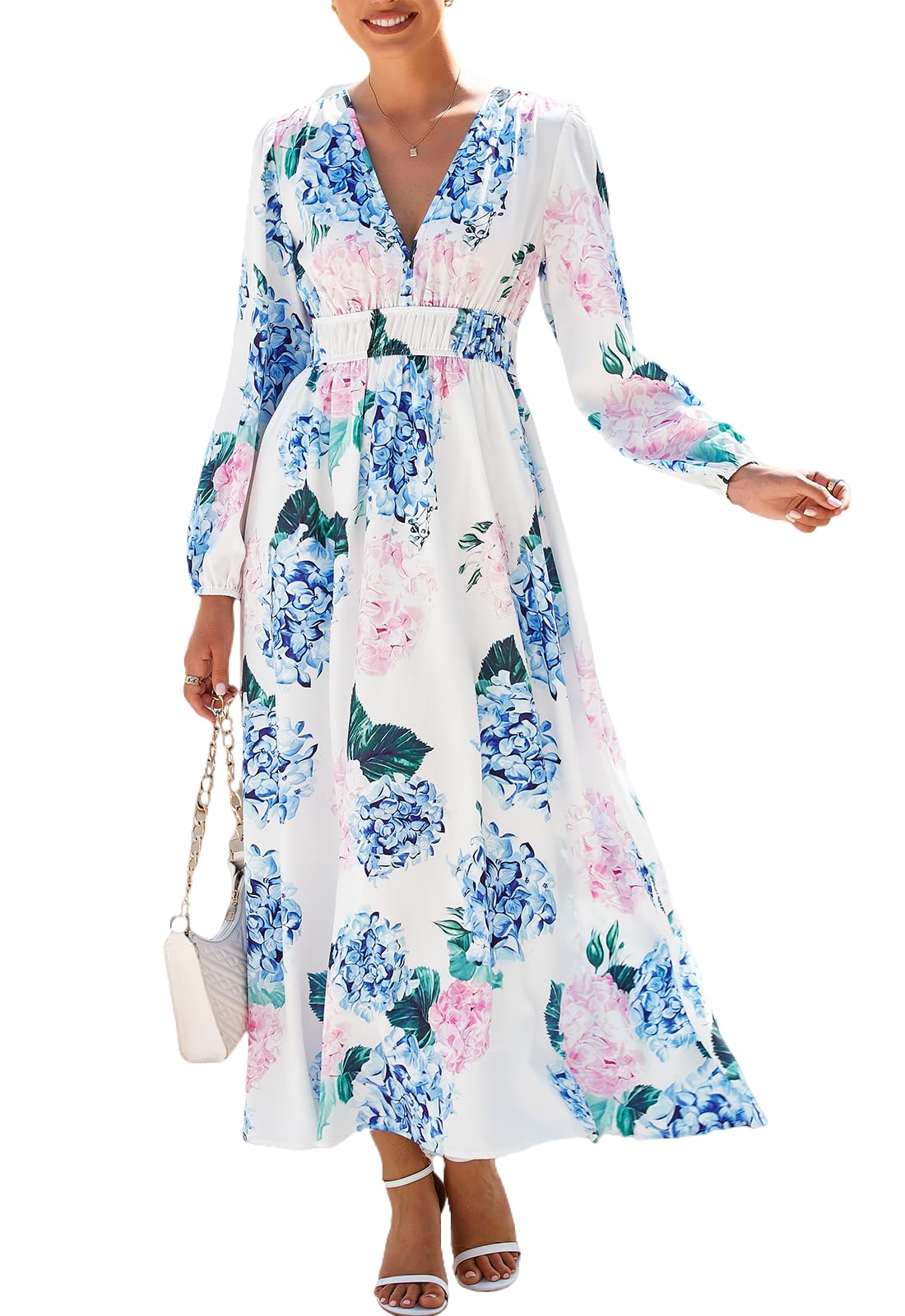 Maxigerui Women's Long Sleeve Boho Maxi Dress Floral Hydrangea Pink ...