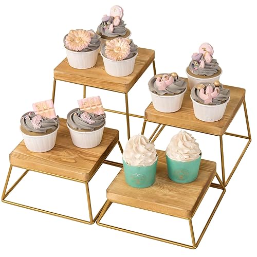 MyGift Gold Food Risers for Display Party, 4-Piece Wood Square Buffet ...
