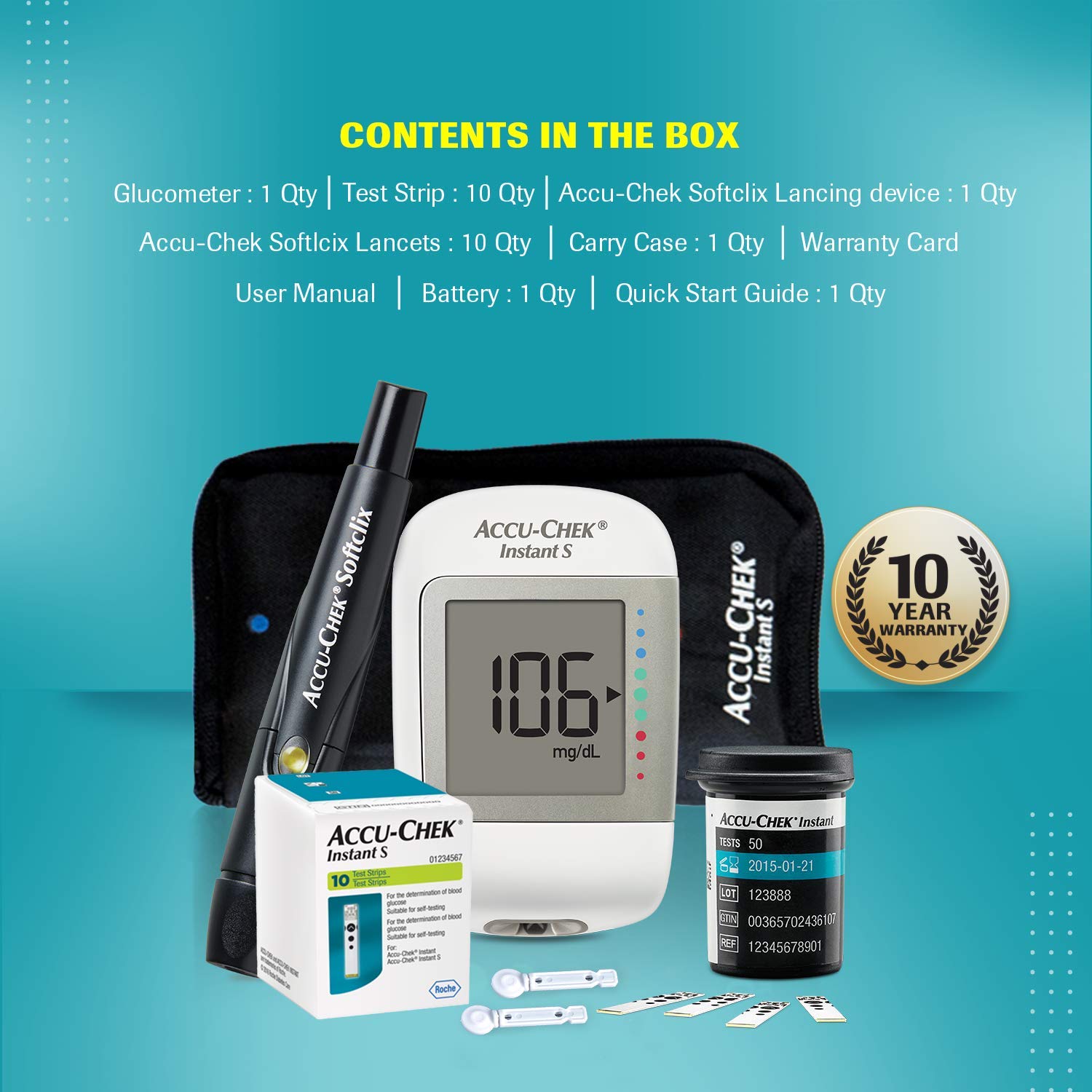 Accu Chek Instant S Glucometer With Free Test Strips 10 Count White
