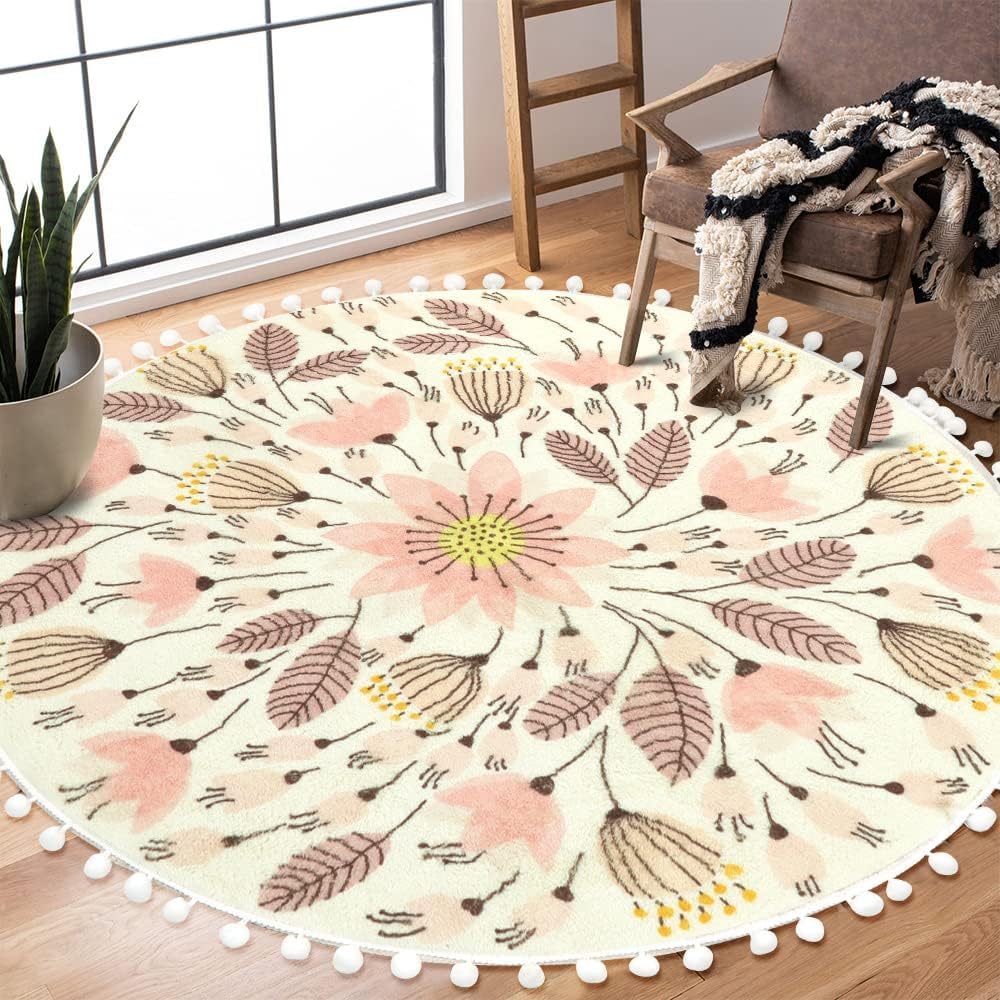 Uphome Round Rugs for Bedroom 4' Circle Cute Area Rug with Pom Poms ...