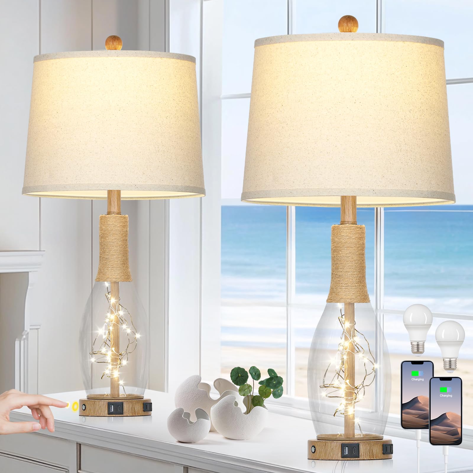 28" Coastal Table Lamps for Bedroom Set of 2, Farmhouse Glass Lamps ...