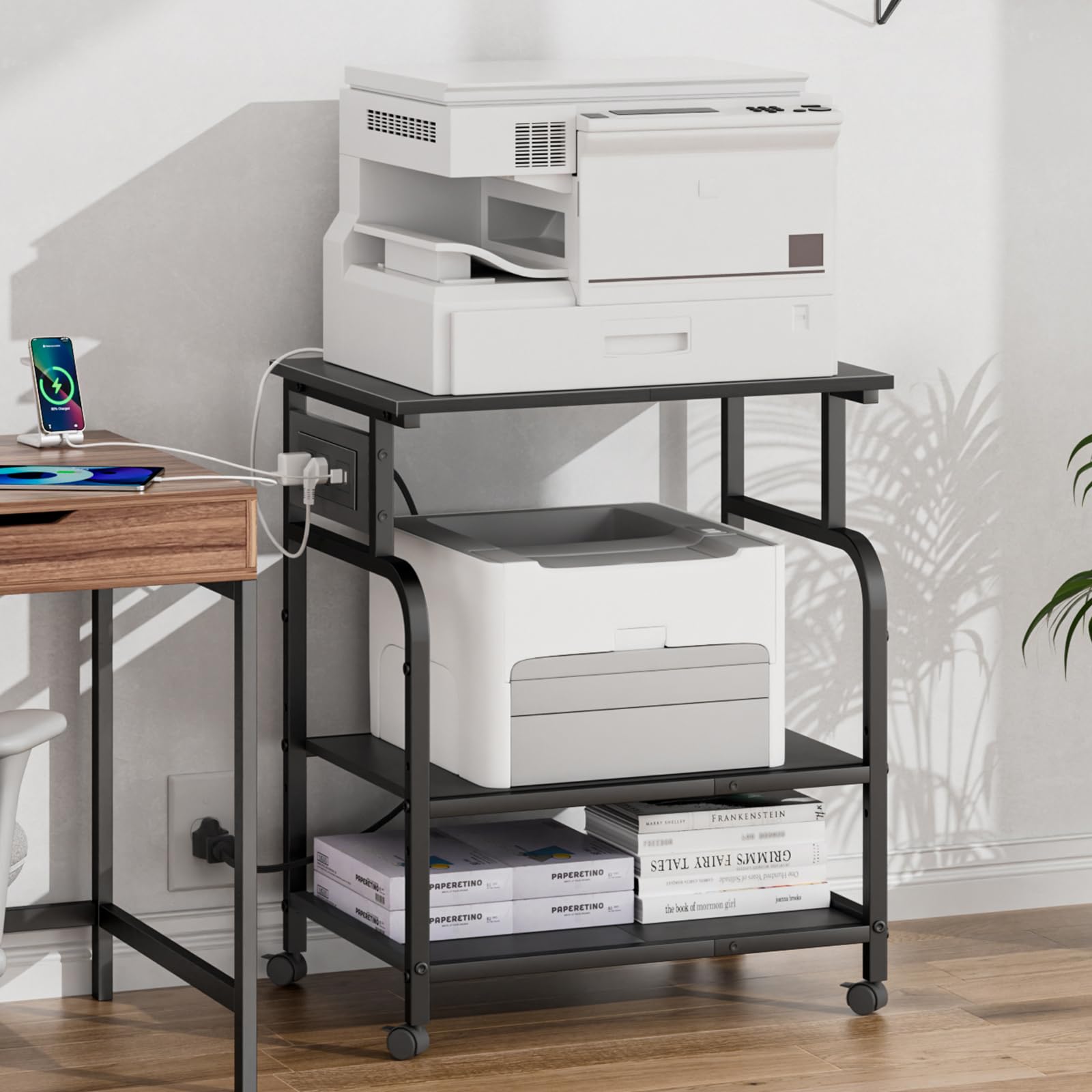 YAOHUOO 3 Tier Large Printer Stand with Power Outlet/USB Port, Rolling ...