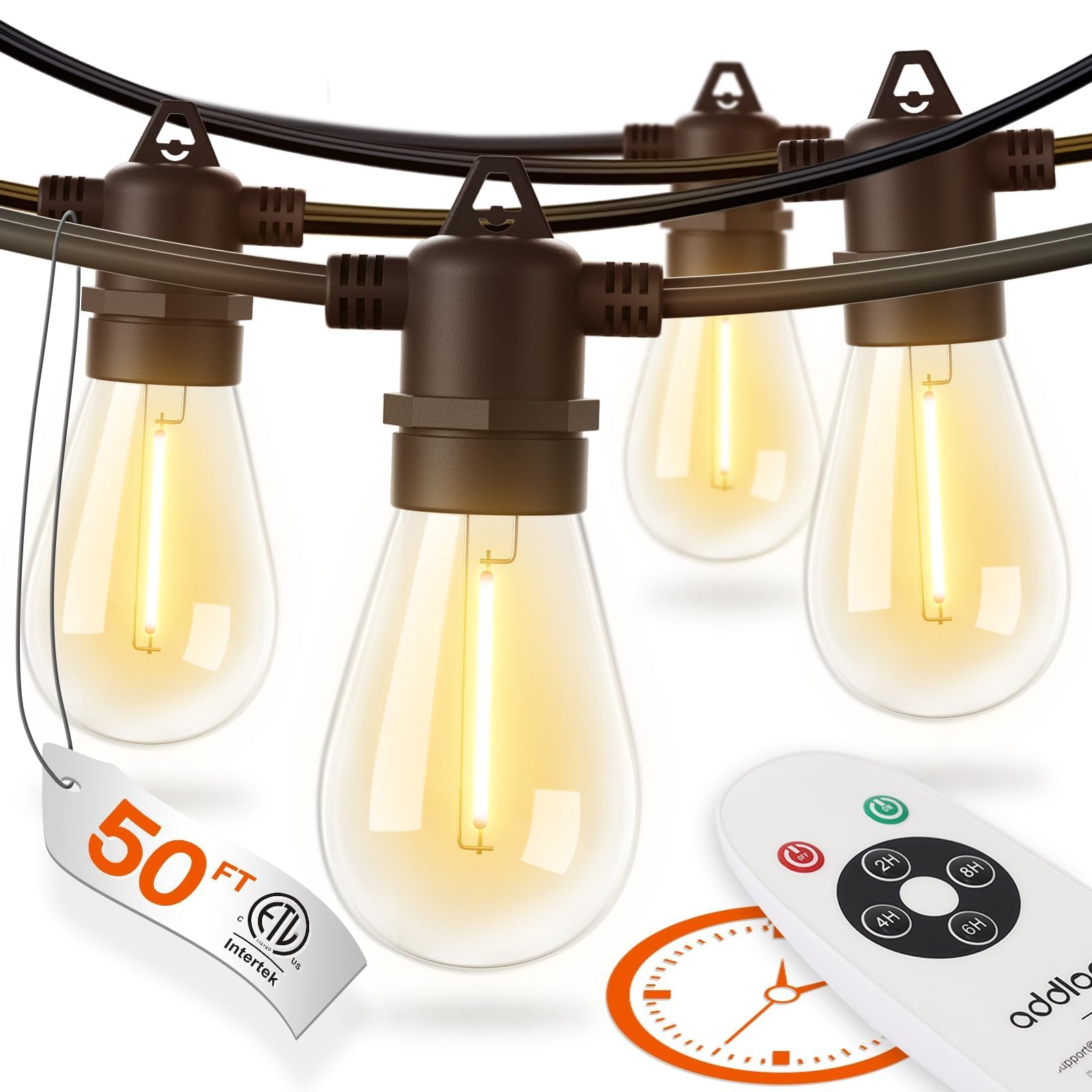 addlon 50FT LED Outdoor String Lights Timer Control with Edison ...