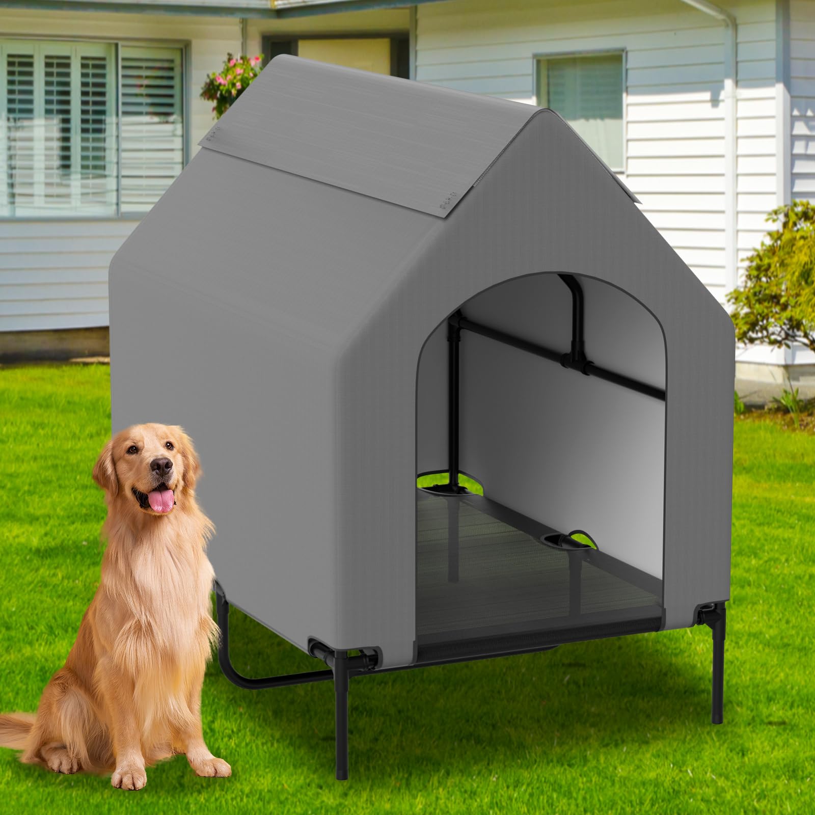 THEYFIRST 48" Dog House for Large Dogs, Weatherproof Elevated Dog Beds ...