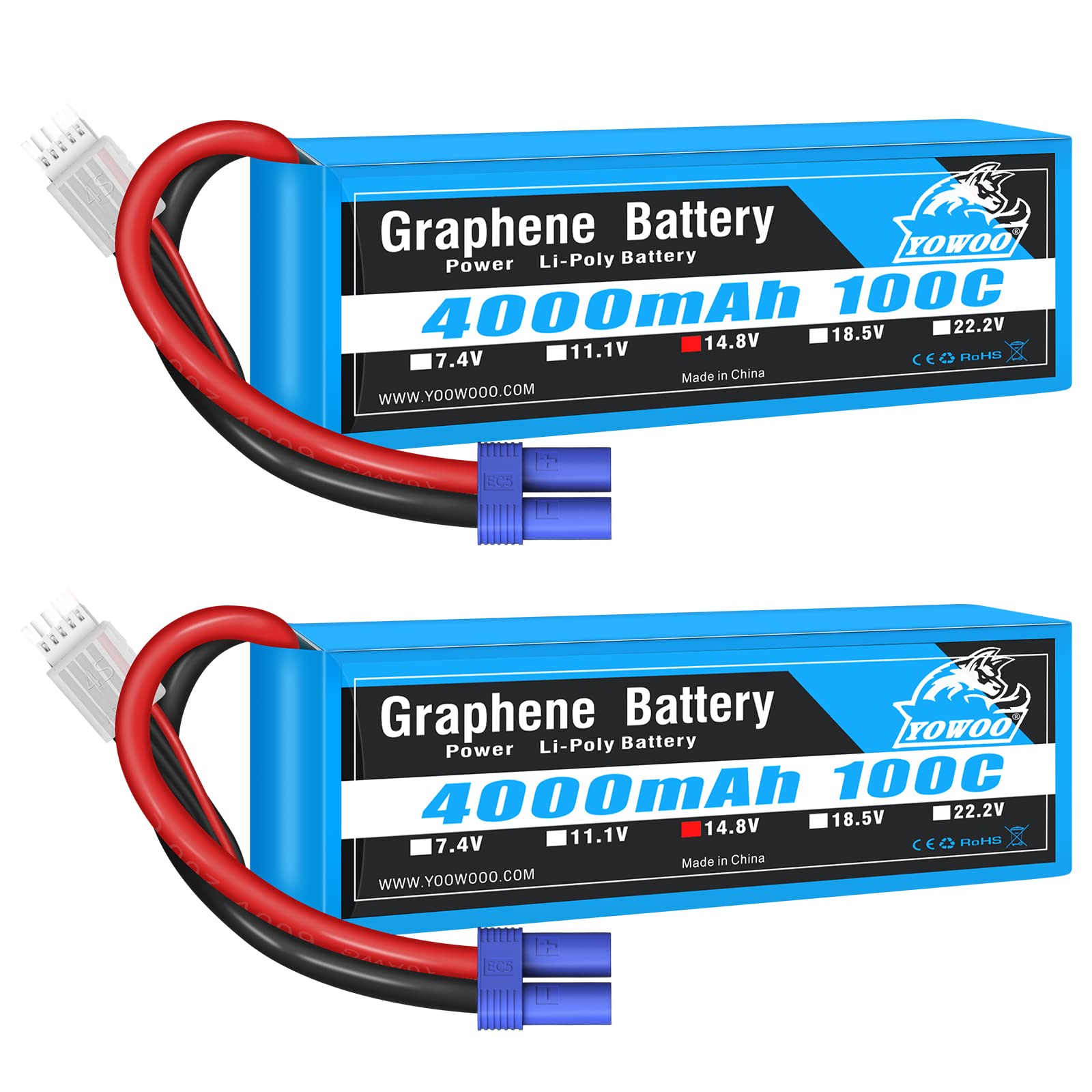YOWOO 2 Packs 4S 14.8V 4000mAh 100C Graphene Battery with EC5 Plug RC ...