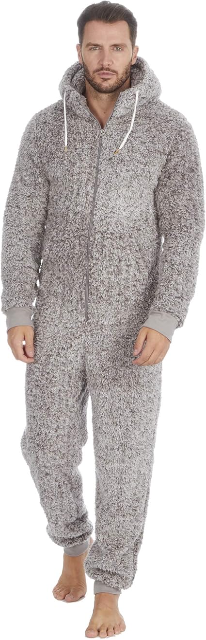 Mens Borg Hooded Onezee Fluffy Warm Chunky Cosy One Piece Pyjama Sherpa ...