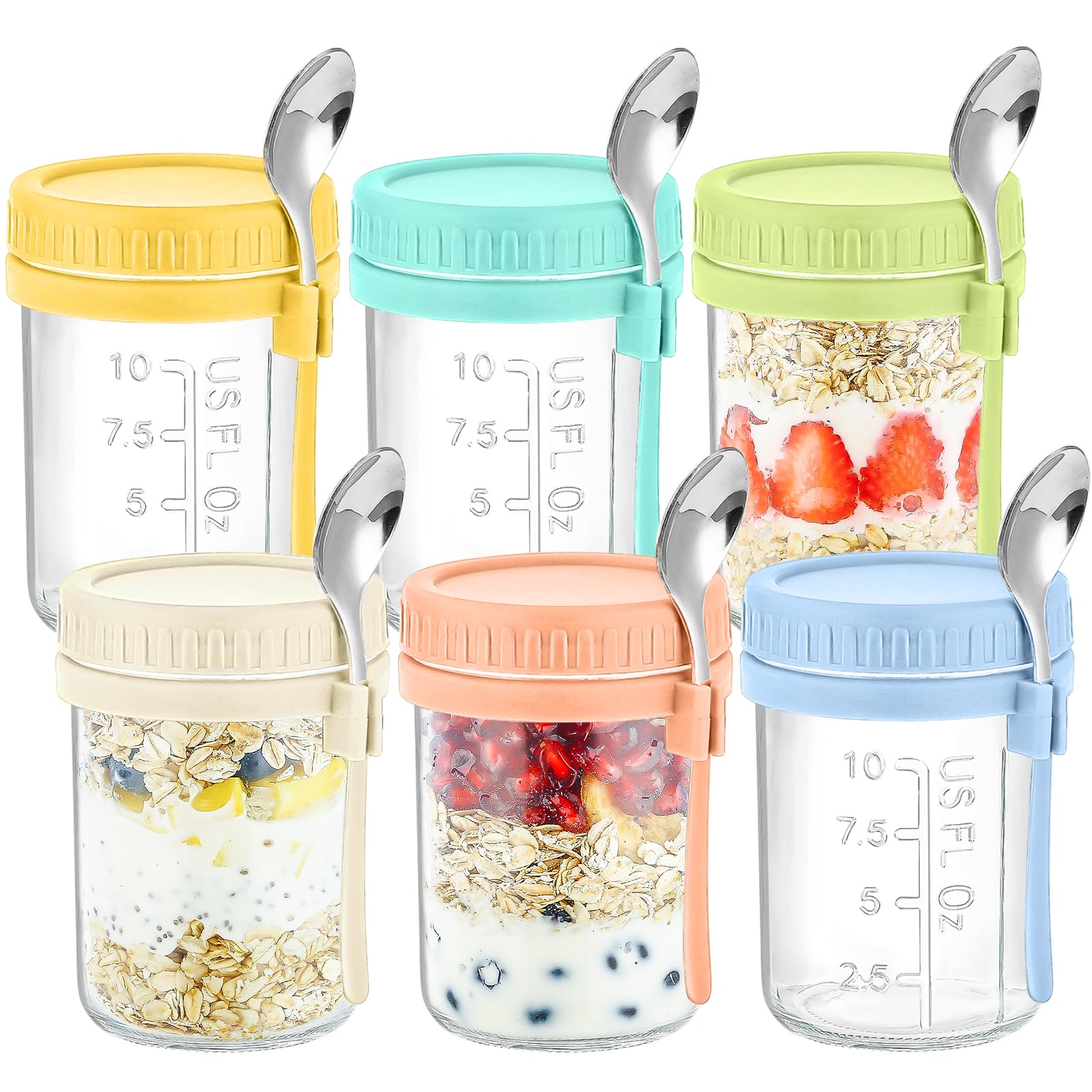 DRKIO 6 Pack Overnight Oats Containers with Lids and Spoons 16 Oz Glass ...