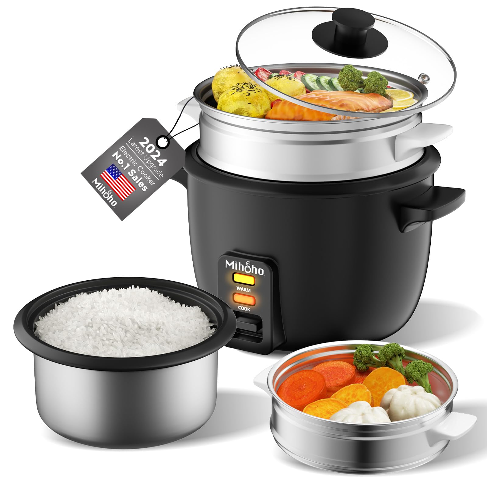 Rice Cooker, 2L Rice Cooker with Food Steamer, Rice Steamer with Non ...