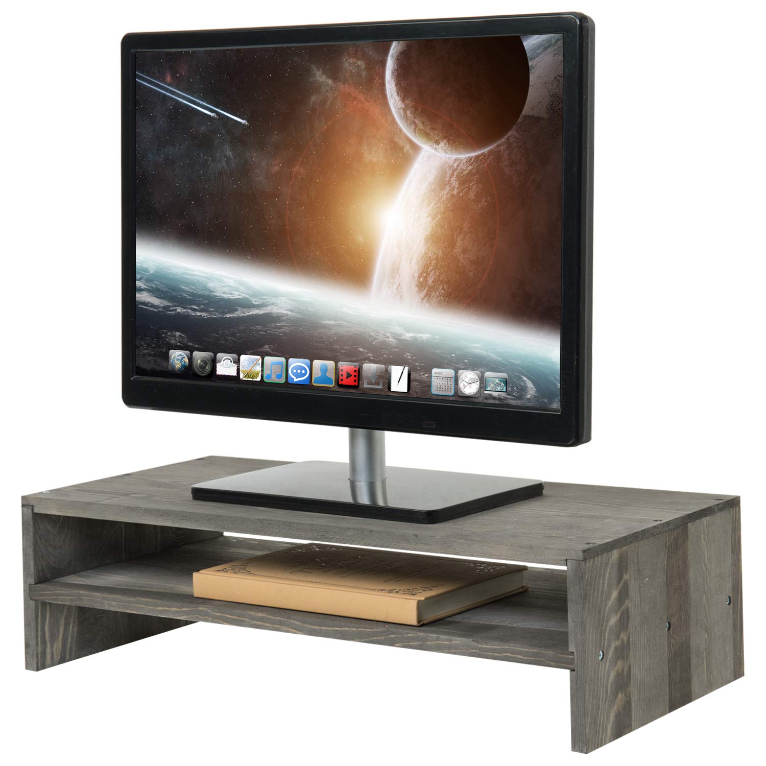 Mygift 2 Tier Rustic Gray Wood Ergonomic Computer Monitor Stand ...
