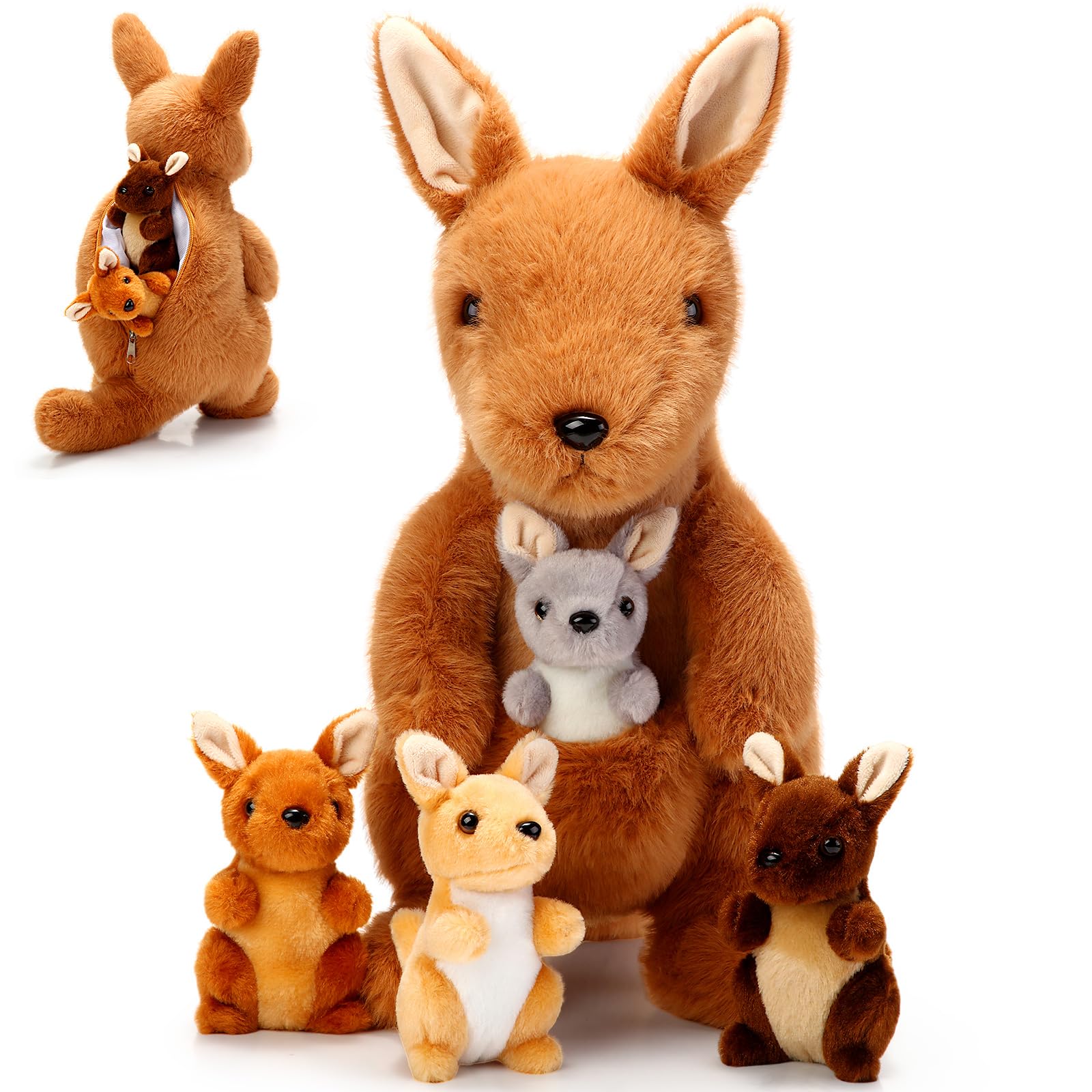 Arrowbash 5 Pcs Kangaroo Stuffed Animals, 12 Inch Large Plush Mommy Kangaroo with 4 Little ...
