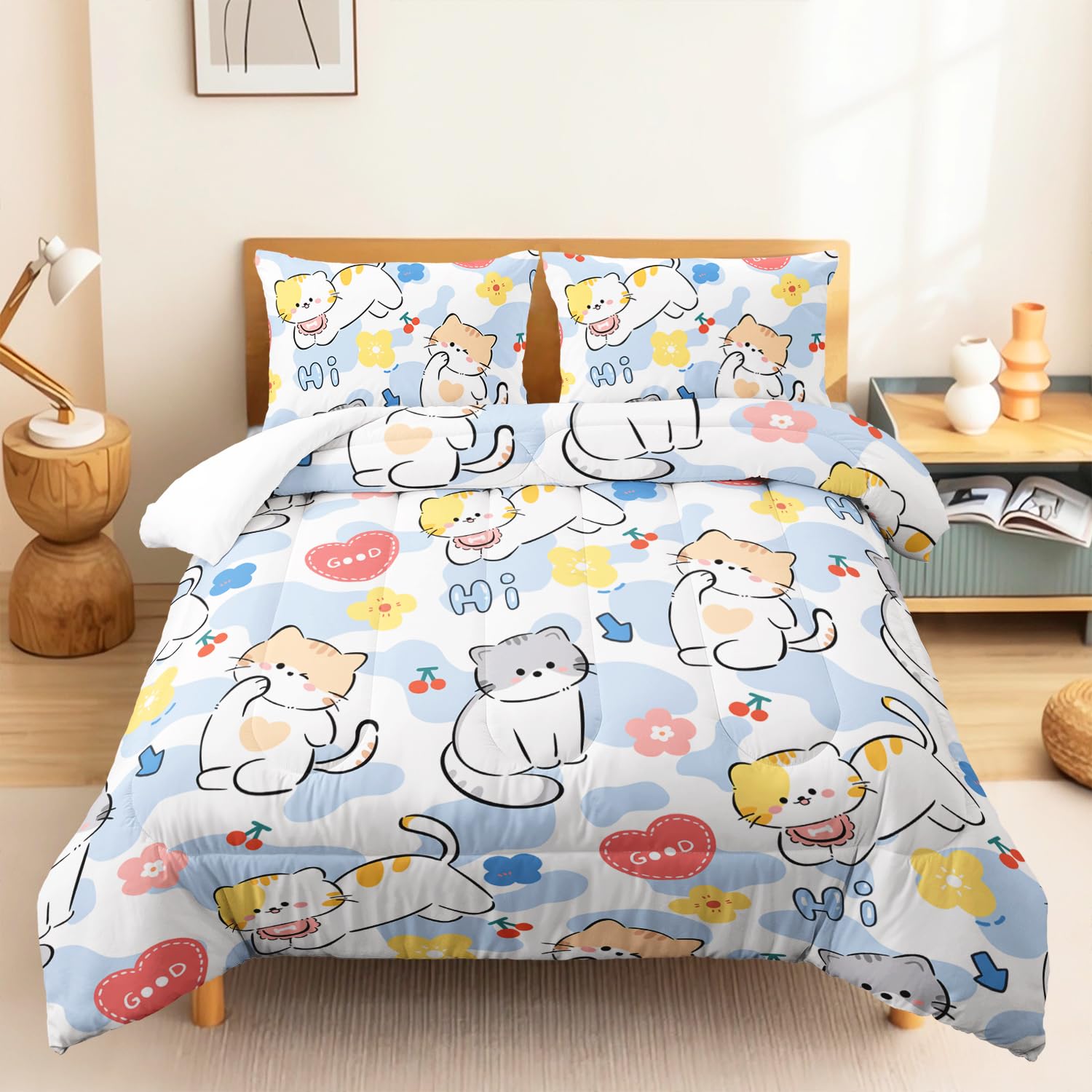 CVHOUSE Kawaii Cat Comforter Set Queen Size,Kawaii Cartoon Cat Bedding ...