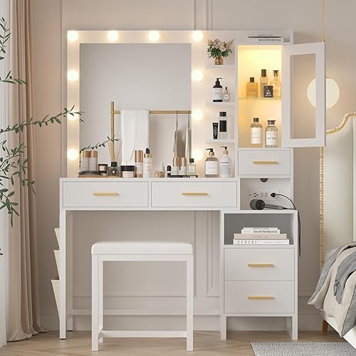 CSZZD Makeup Vanity Desk with Mirror and Lights in 3 Colors, Dressing Vanity Table with Charging ...