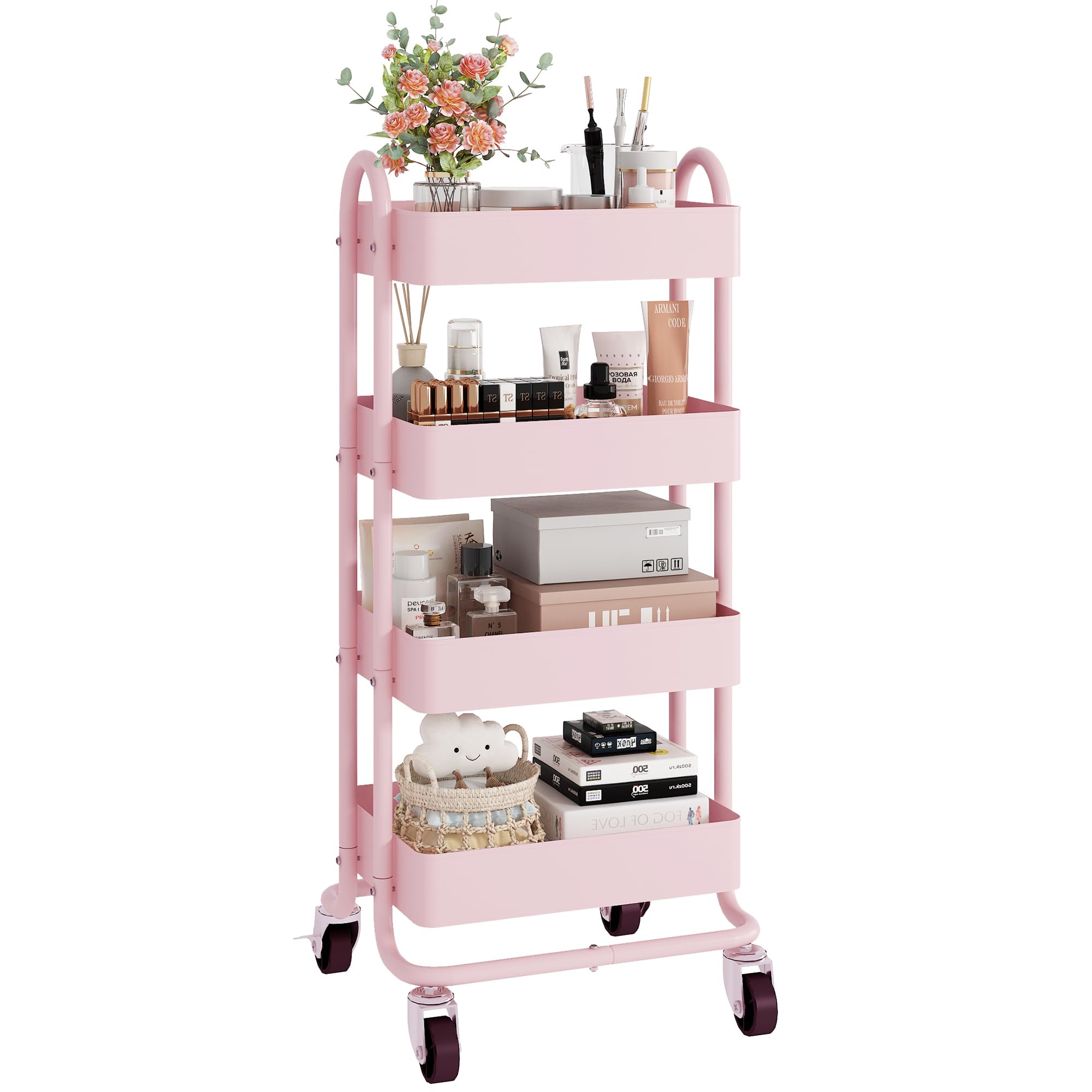 4-Tier Pink Rolling Cart,Metal Utility Rolling Cart with Handle ...
