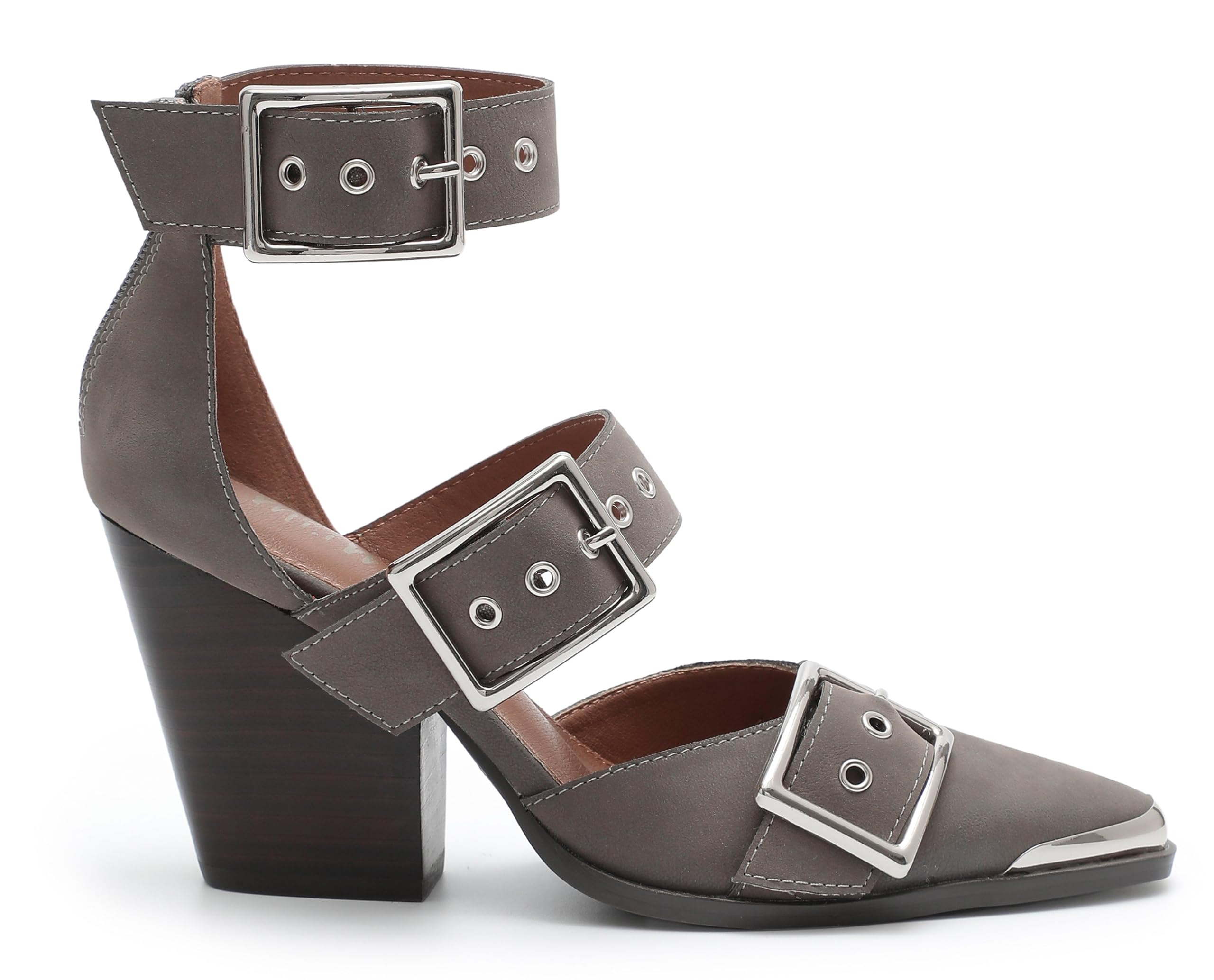 Mi.iM Hendrix Chunky Heel Buckle-on Pointed Toe Sandals (8, Dark Grey ...