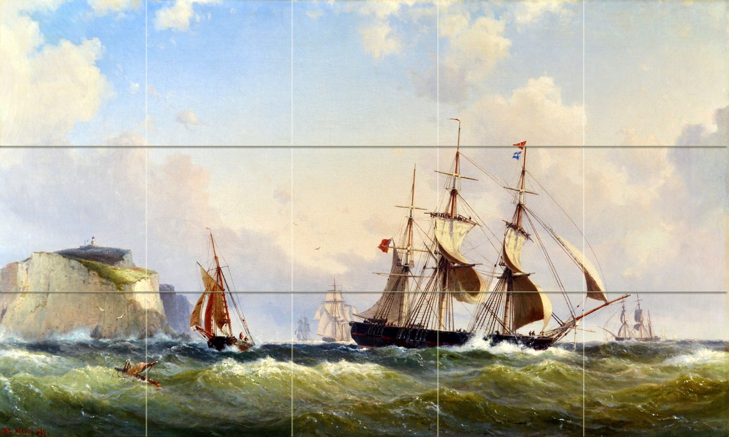 Seascape sea waves ships rock V. Melbye Tile Mural Backsplash Art ...