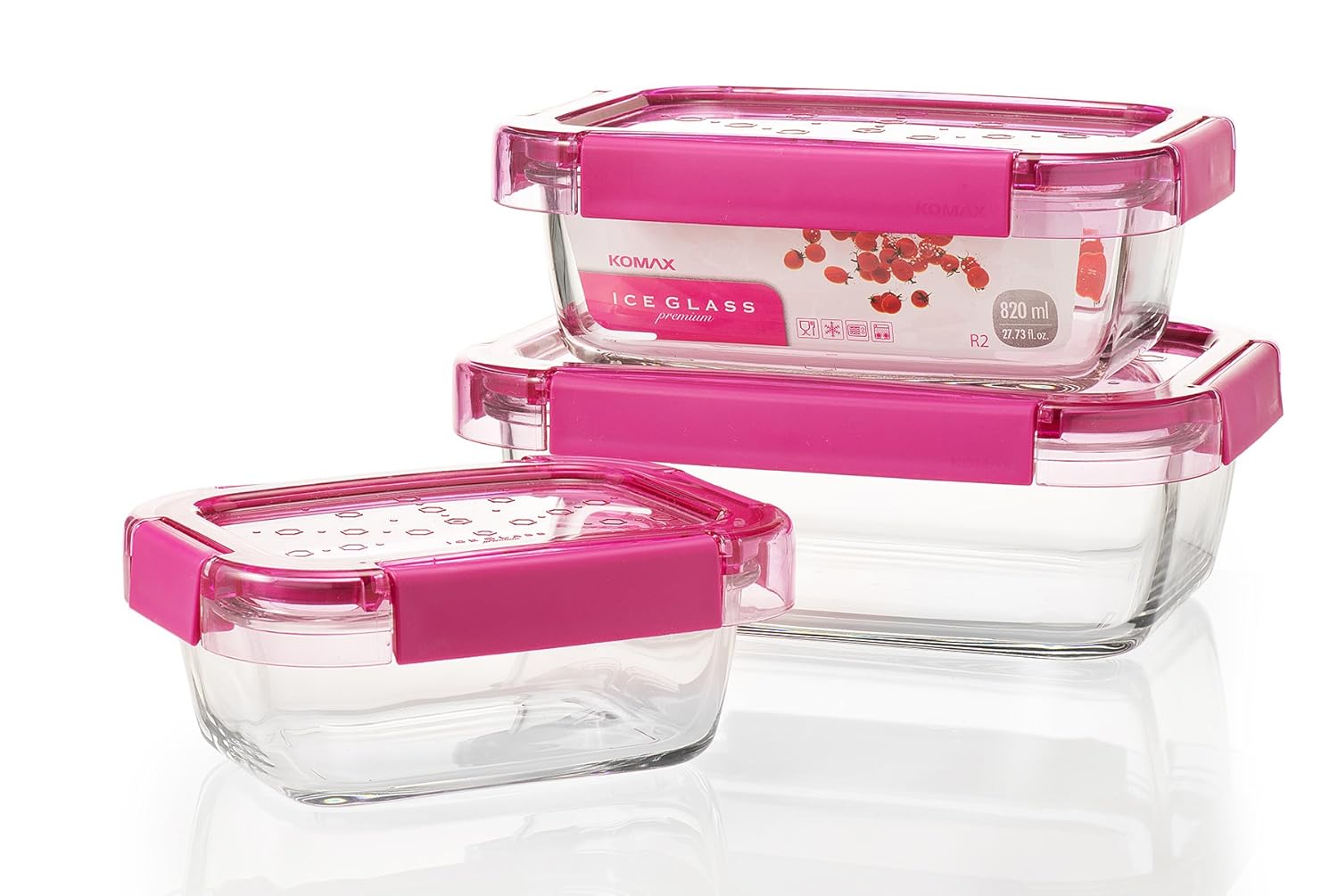 Komax Ice Glass Food Storage Containers, Rectangle, Magenta (Set of 3 ...