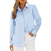 AISEW Womens Button Down Shirts Striped Classic Long Sleeve Collared Office Work Blouses Tops ...