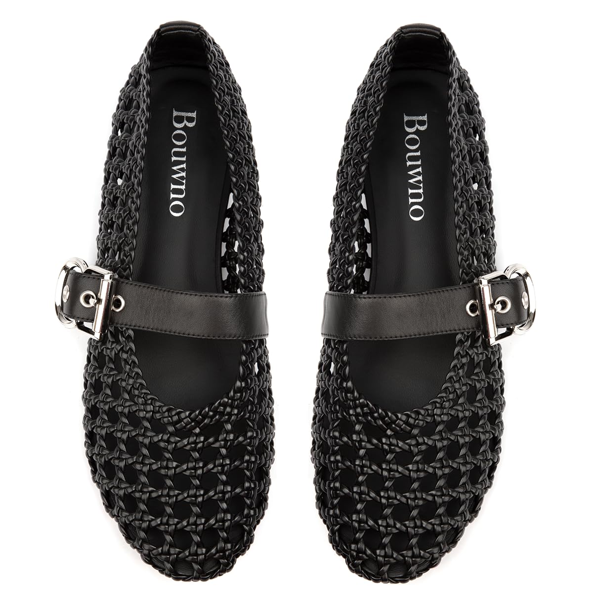 Black Mesh Mary Jane Flats for Women Hand Woven Flats Slip on Leather ...