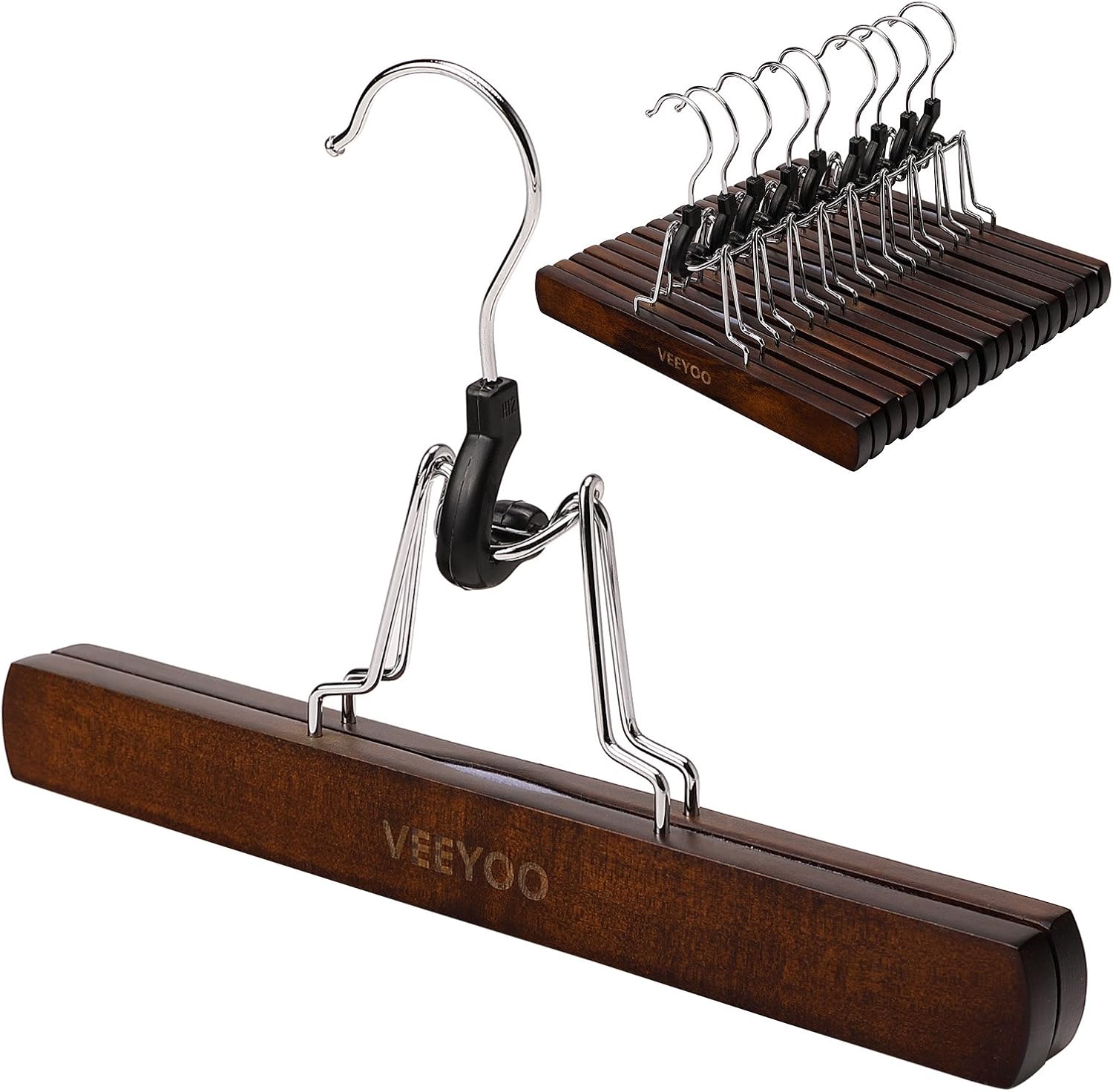 Amazon.com: VEEYOO Solid Wooden Clamp Pant Hangers with Locking Bar ...