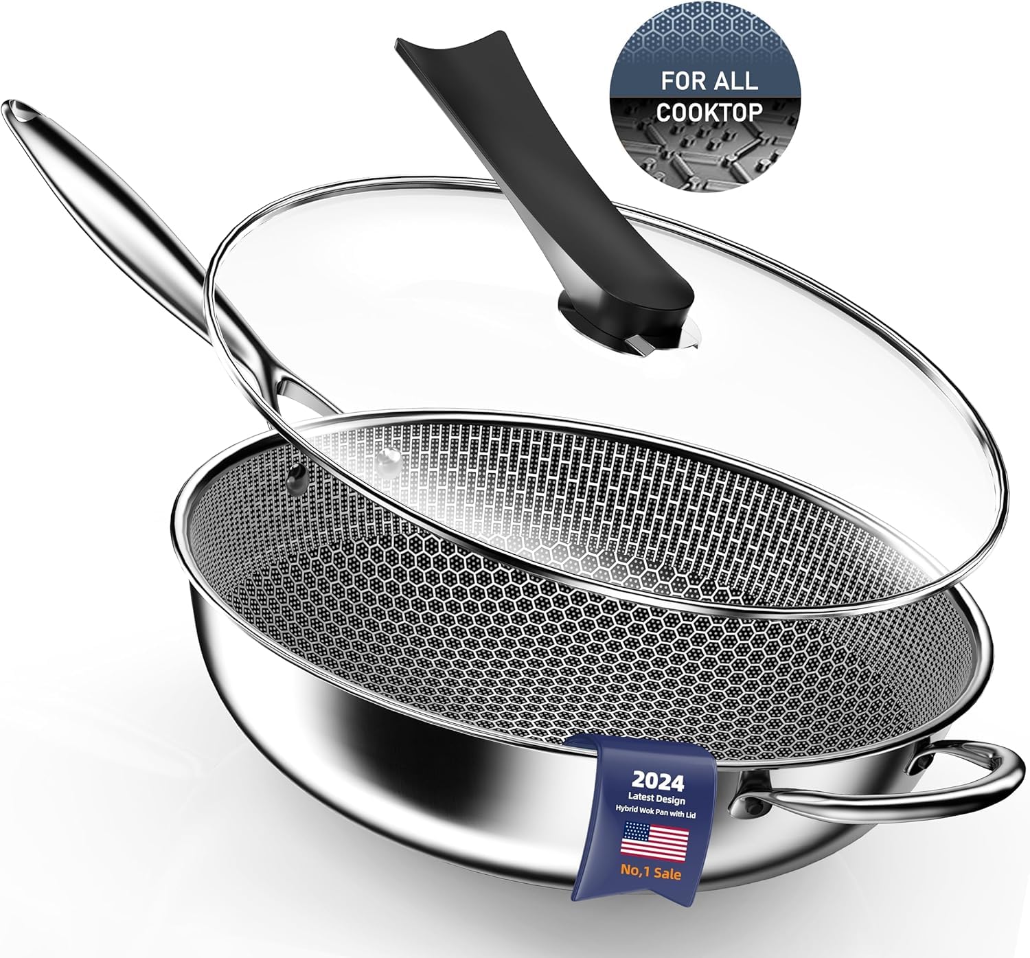 Kiseely Wok pan,Hybrid 13 inch Deep Fry Wok with Lid, Nonstick Wok with ...