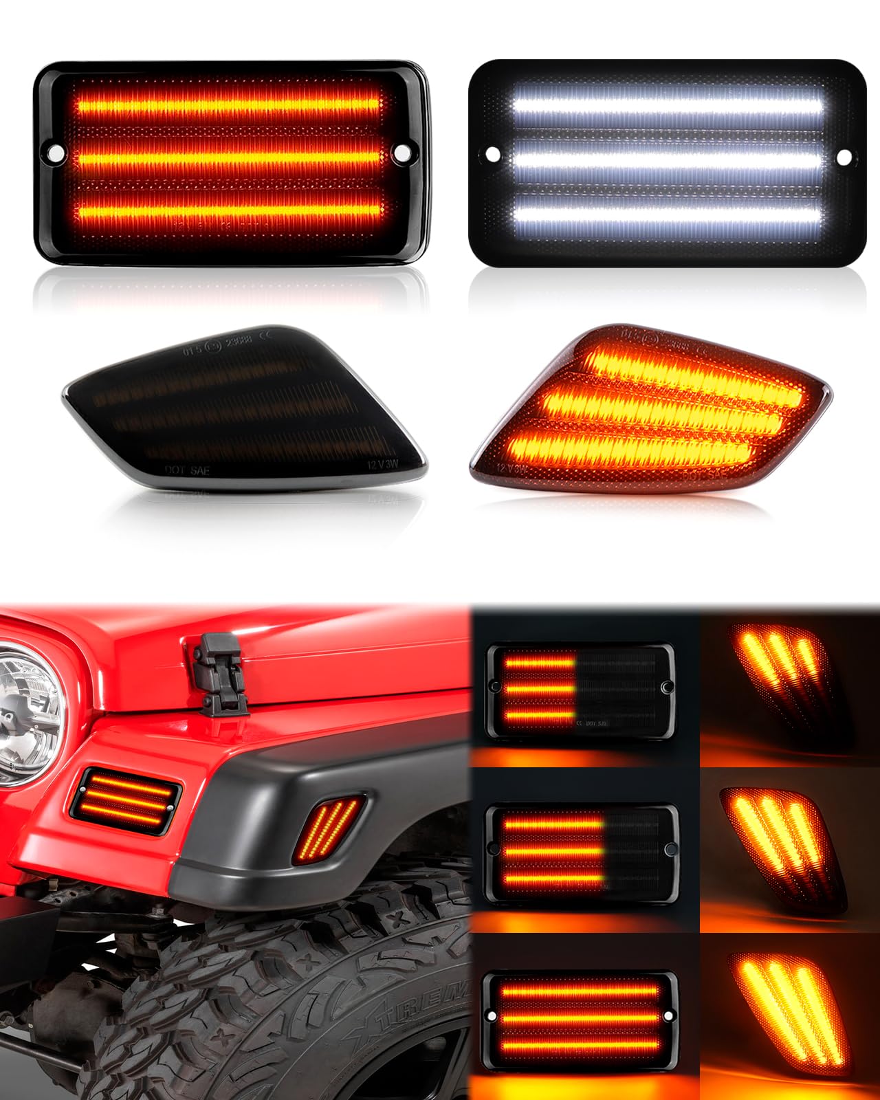 PWOBVZ Switchback LED Fender Turn Signal Side Marker Lights for Jeep Wrangler TJ 1997-2006, 4PC ...